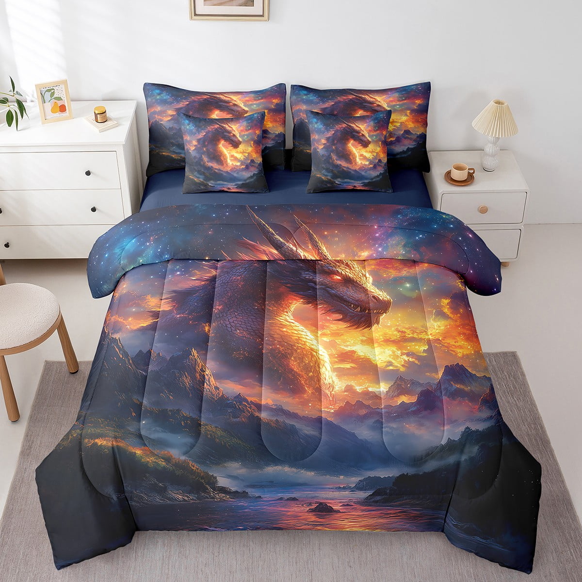 Queen Dragon Comforter Set 7 Pieces, Loong Wild Animal Bed In A Bag ...
