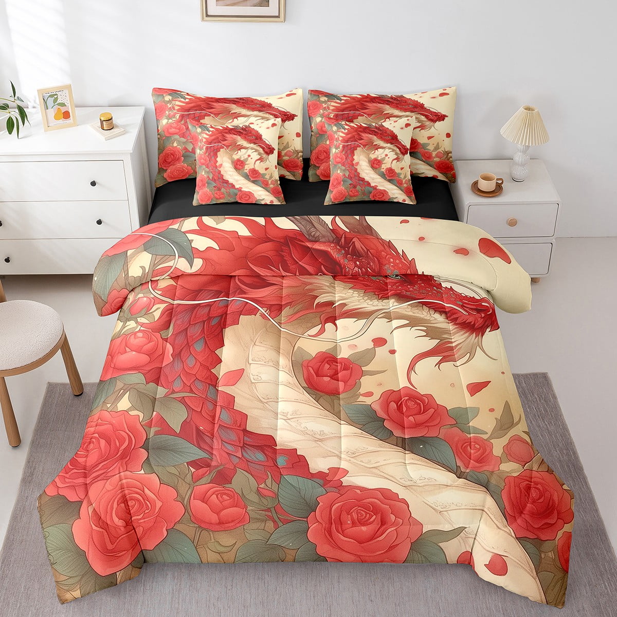 Queen Dragon Comforter Set 7 Pieces, Retro Animal Loong Bed In A Bag ...