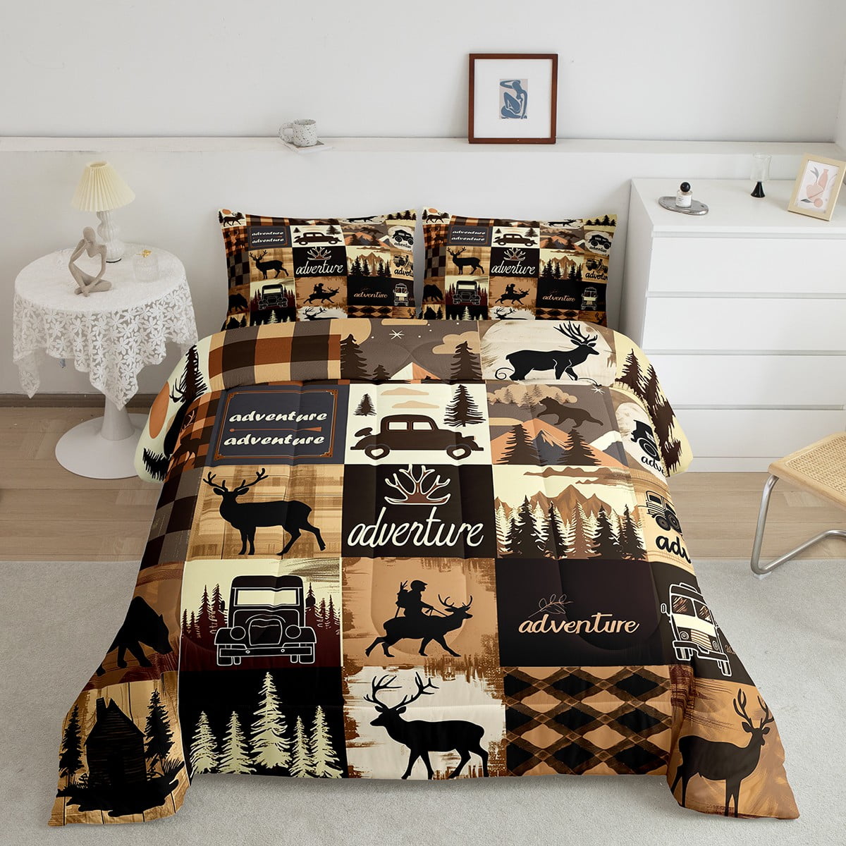 Erosebridal Queen Farmhouse Comforter Set for Cabin Lodge,Rustic Deer Bedding,Vintage Camping ...