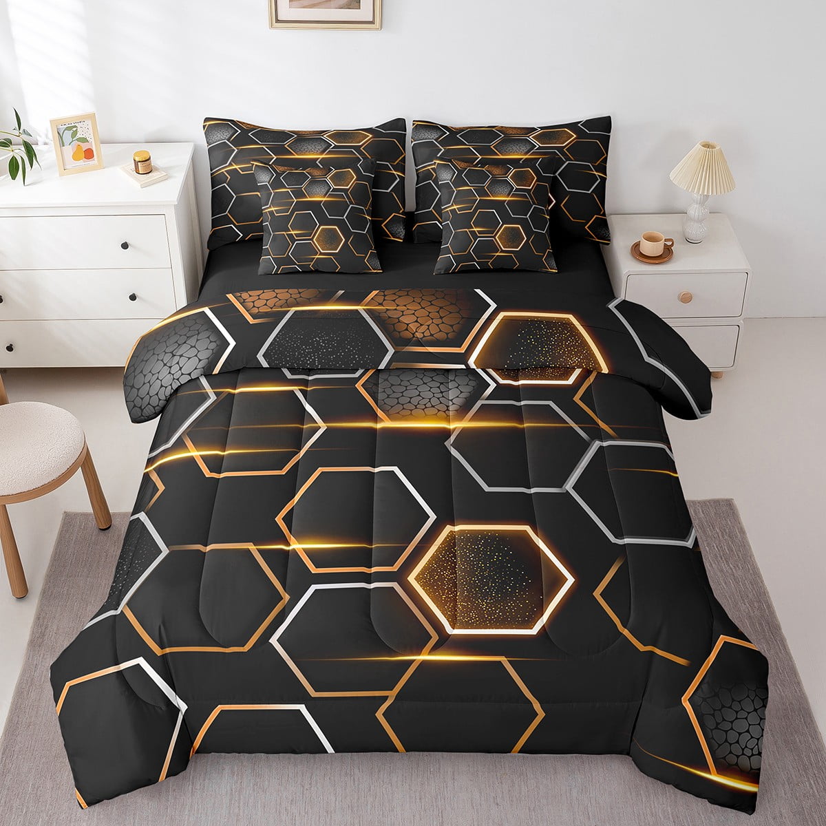 YST Queen Geometric Comforter Set 7 Pieces, Neon Light Honeycomb Bed In ...