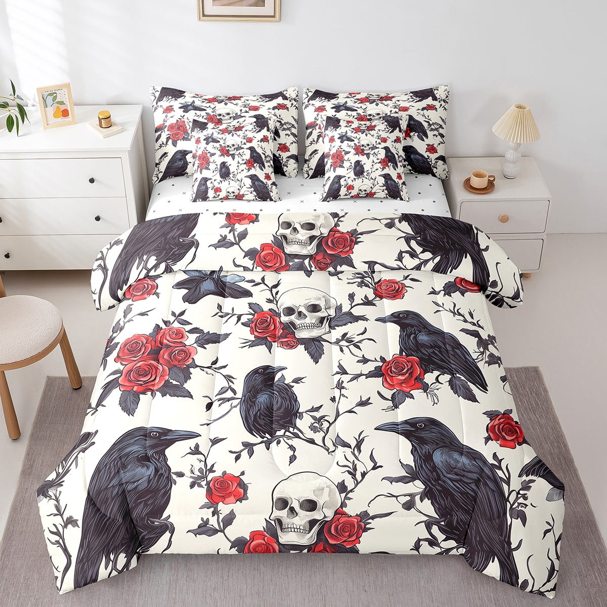 Queen Halloween Raven Comforter Set 7 Pieces, Sugar Skull Reversible ...