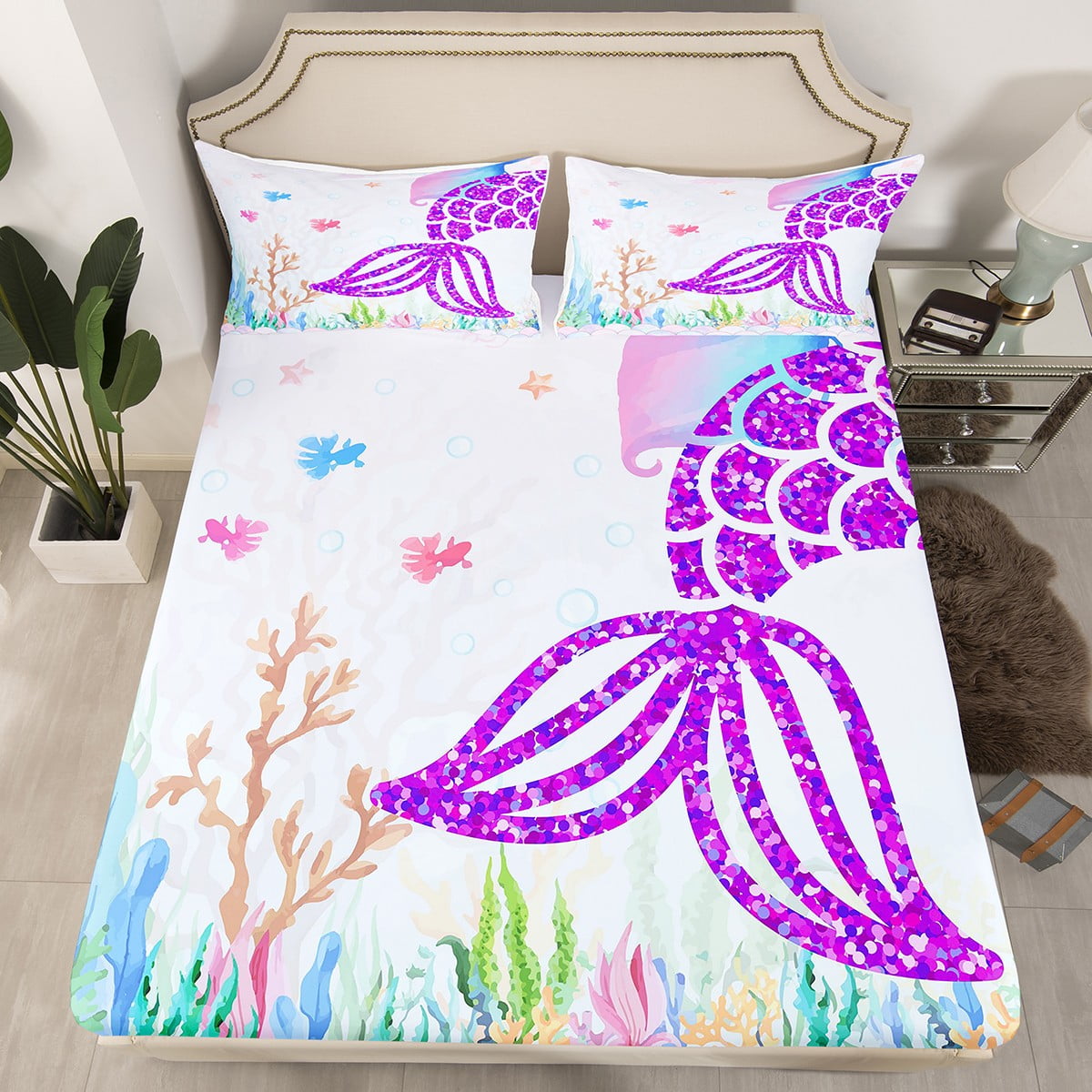 YST Queen Mermaid Bedding Set For Girls, Pastel Glitter Mermaid Tail ...