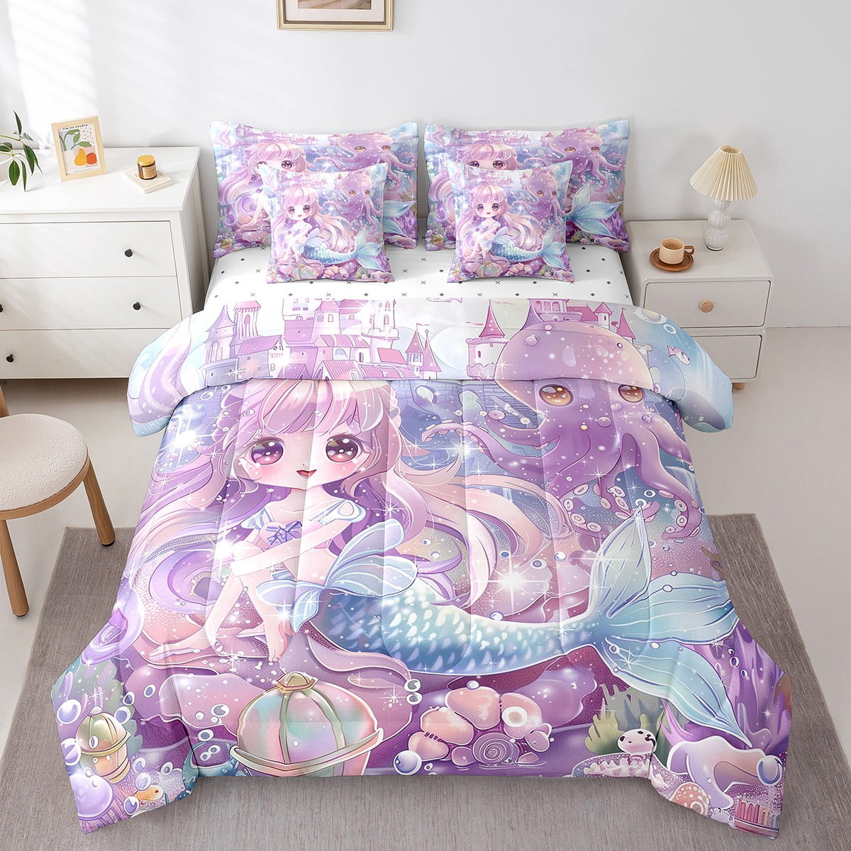 YST Queen Mermaid Bedding Sets For Girls Kawaii Octopus Comforter Set 7 ...
