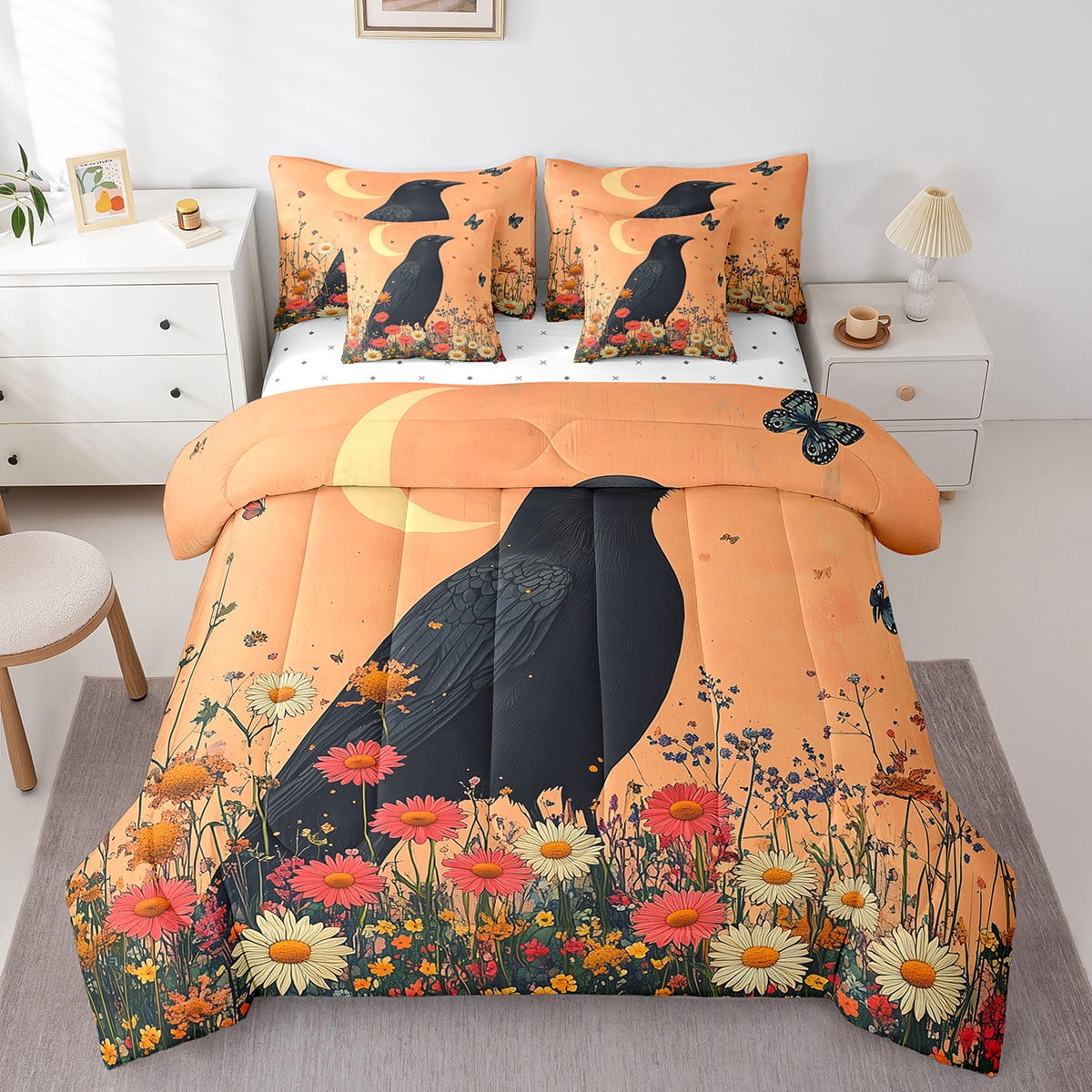 Queen Raven Comforter Set 7 Pieces, Black Crow Bird Bed In A Bag ...