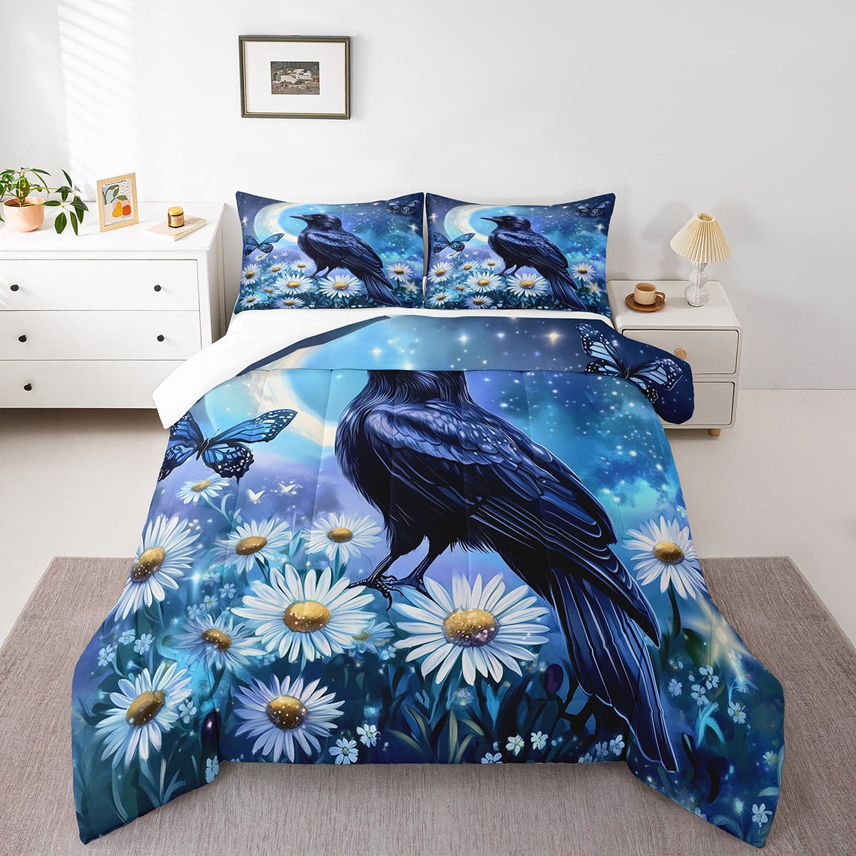Queen Raven Comforter Set Teens, Crow Halloween Decor Quilt Starry Sky ...