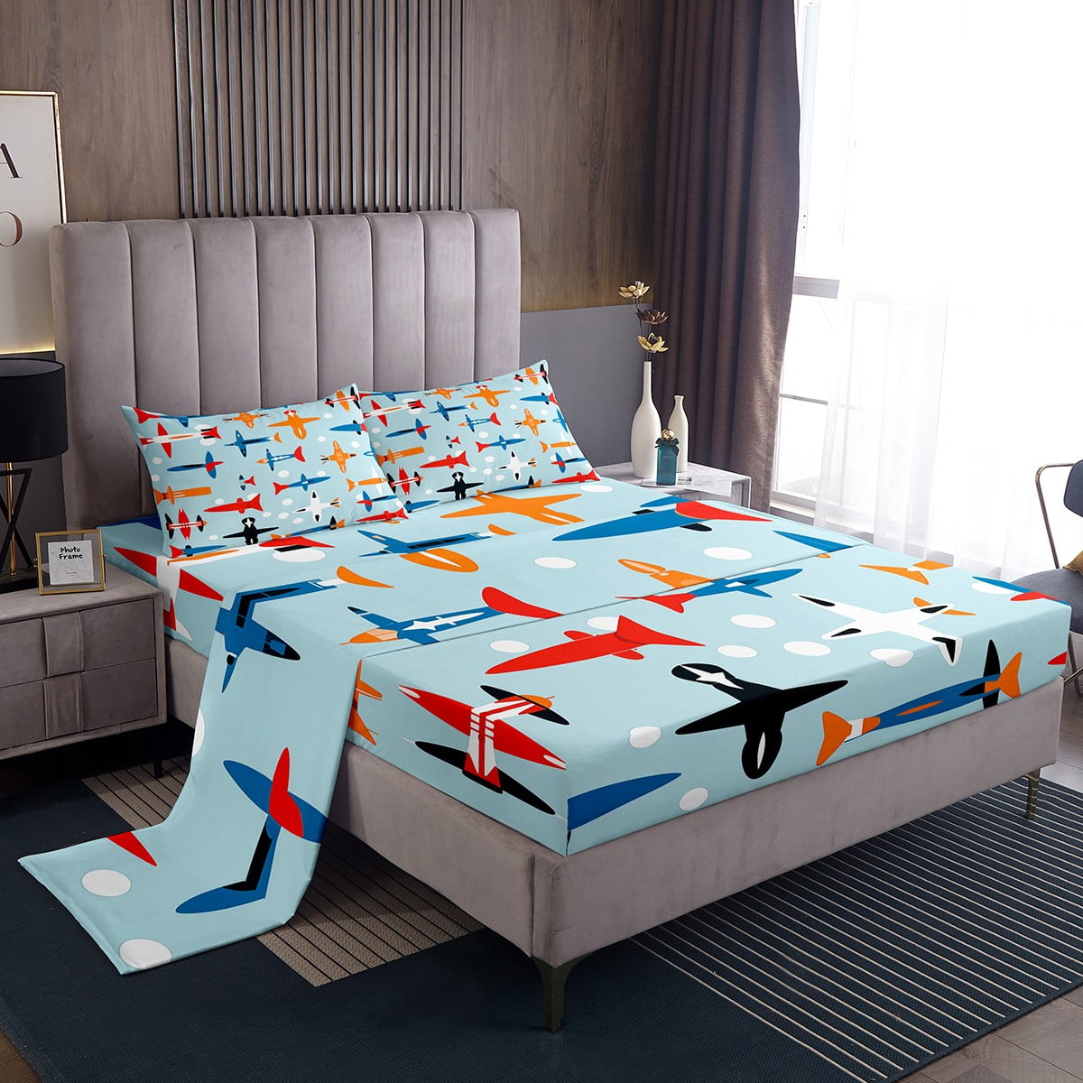 Queen Size Airplane Sheets, Aircraft Cartoon Style Sheet Set ren ...