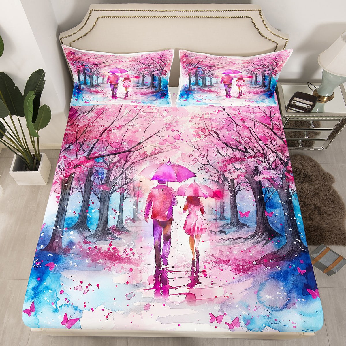 Queen Size Bedding Set Cherry Blossom Fitted Sheet,Romantic Couple ...