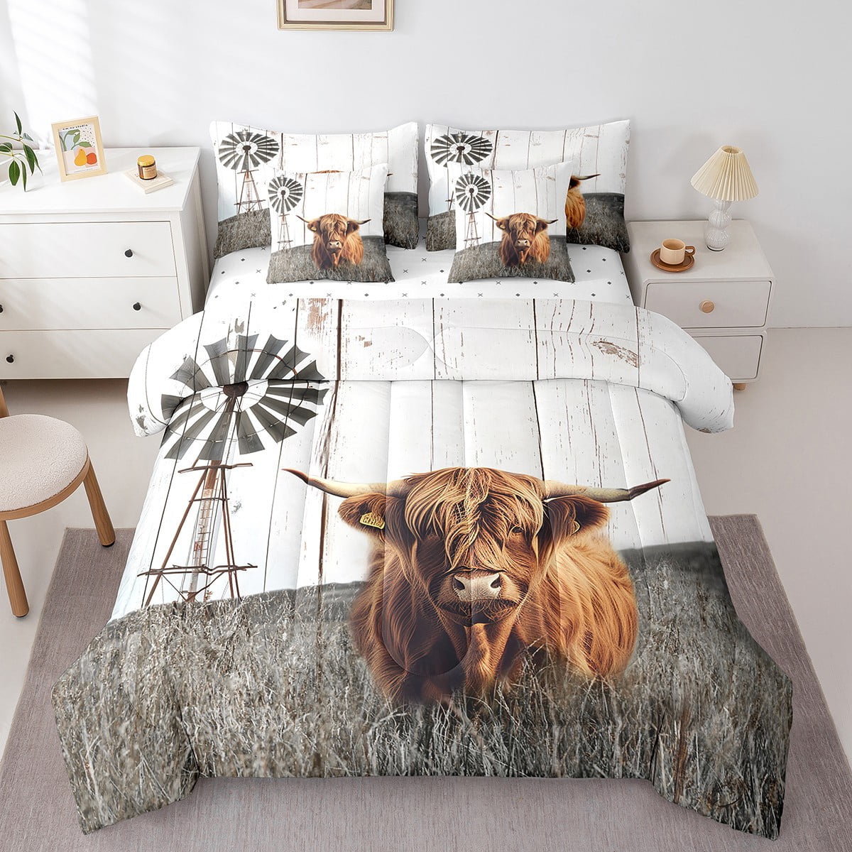 Queen Size Farmhouse Highland Cow Comforter Sets with Sheets 7Pcs Rustic Windmill Comforter Set ...