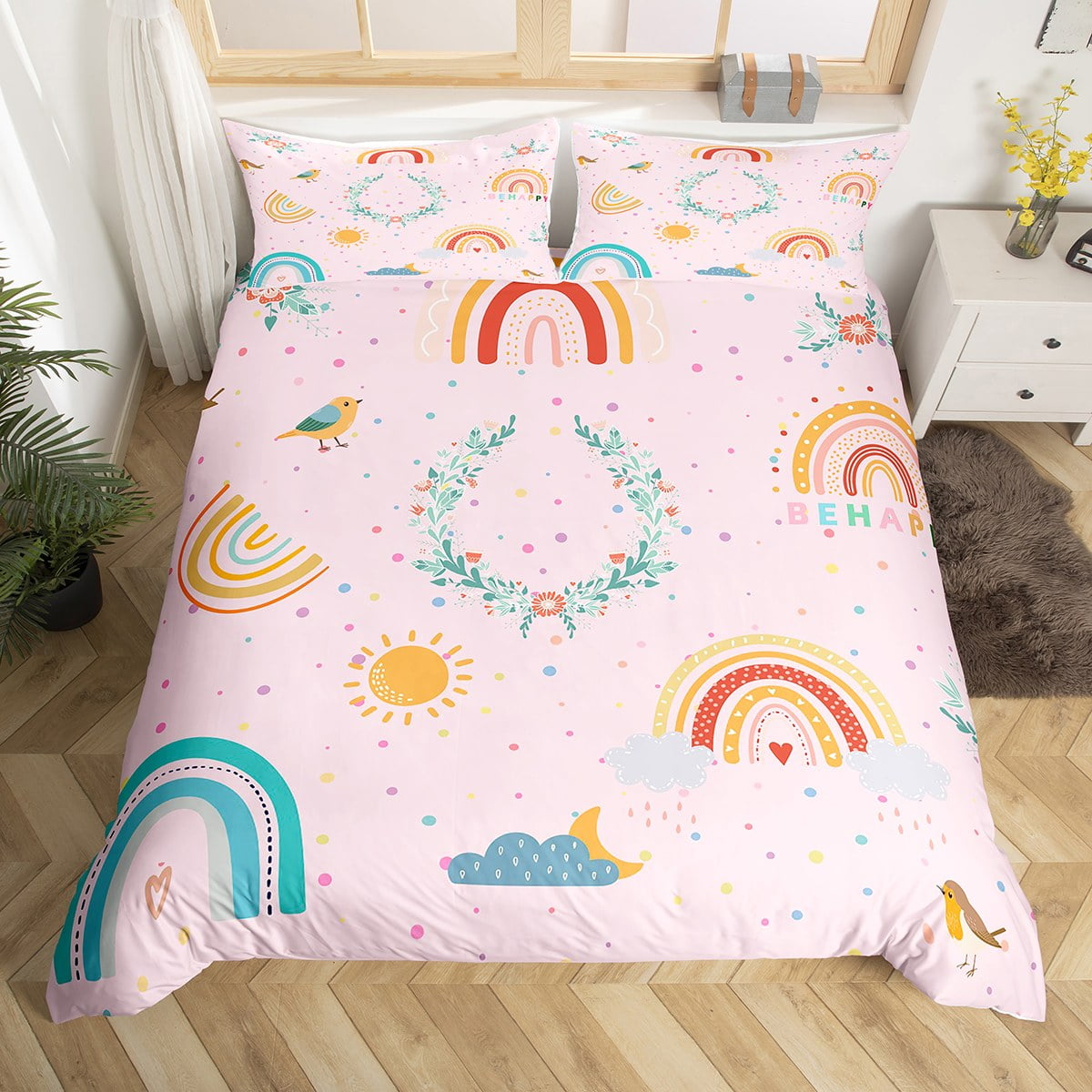 YST Queen Size Rainbow Bedding Set For Girls, Sun And Stars Comforter ...