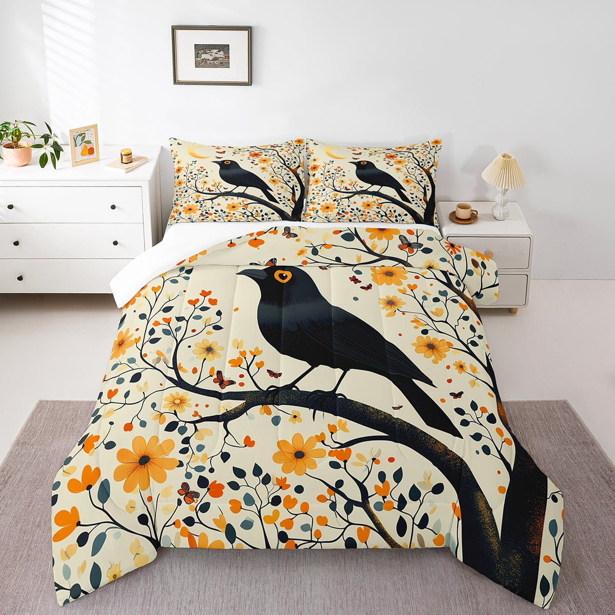 Queen Size Raven Comforter Set, Crow Bird Animal Quilt Halloween Decor ...