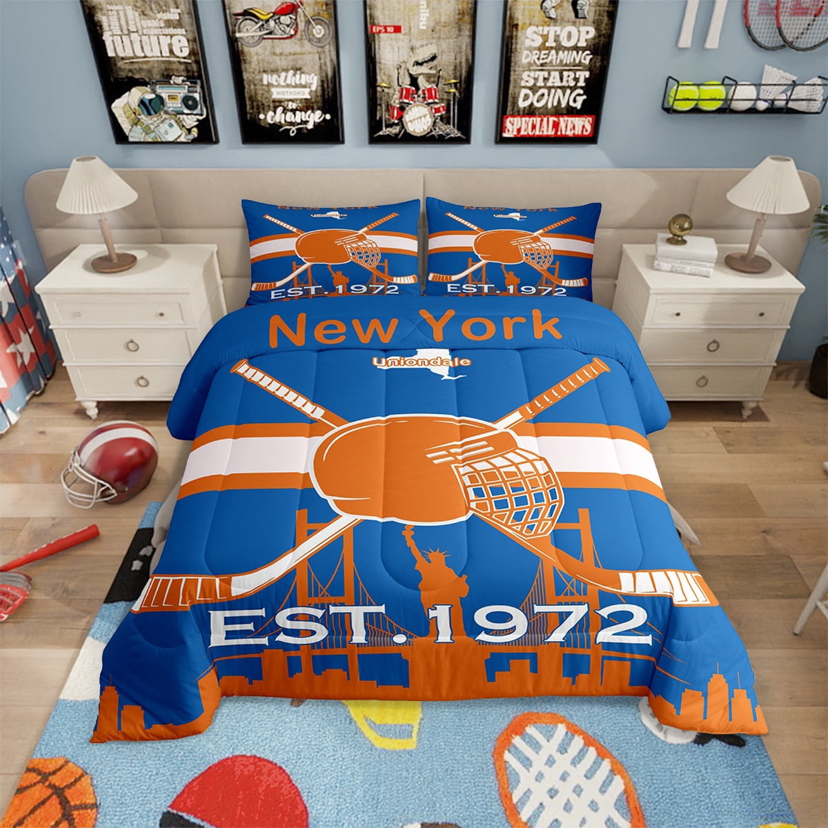 Queen Sports Comforter Set,Hockey Bedding Set,Boys Hockey Player Lovers ...