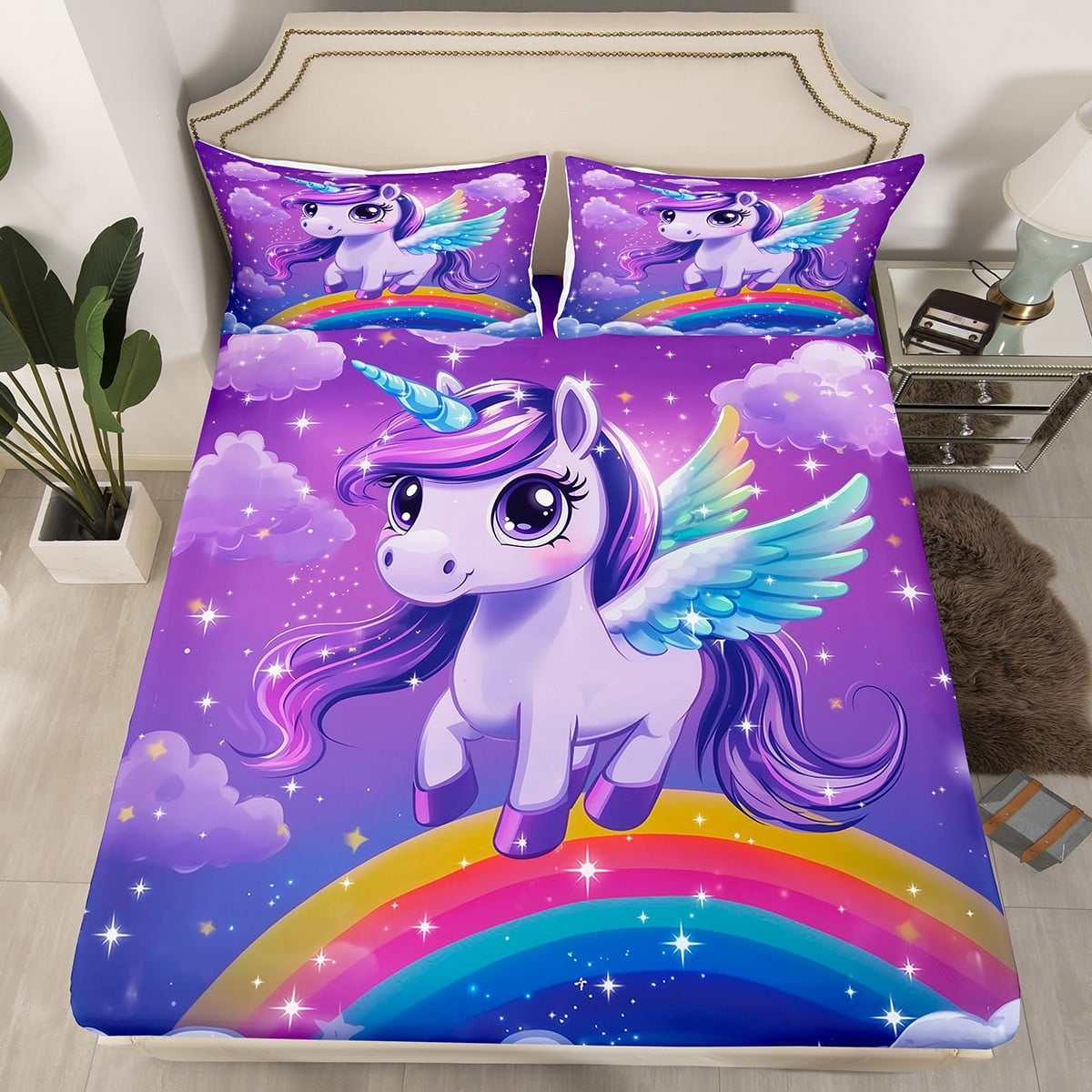 Queen Unicorn Fitted Sheet, Rainbow Unicorn Bedding Set With Stars ...