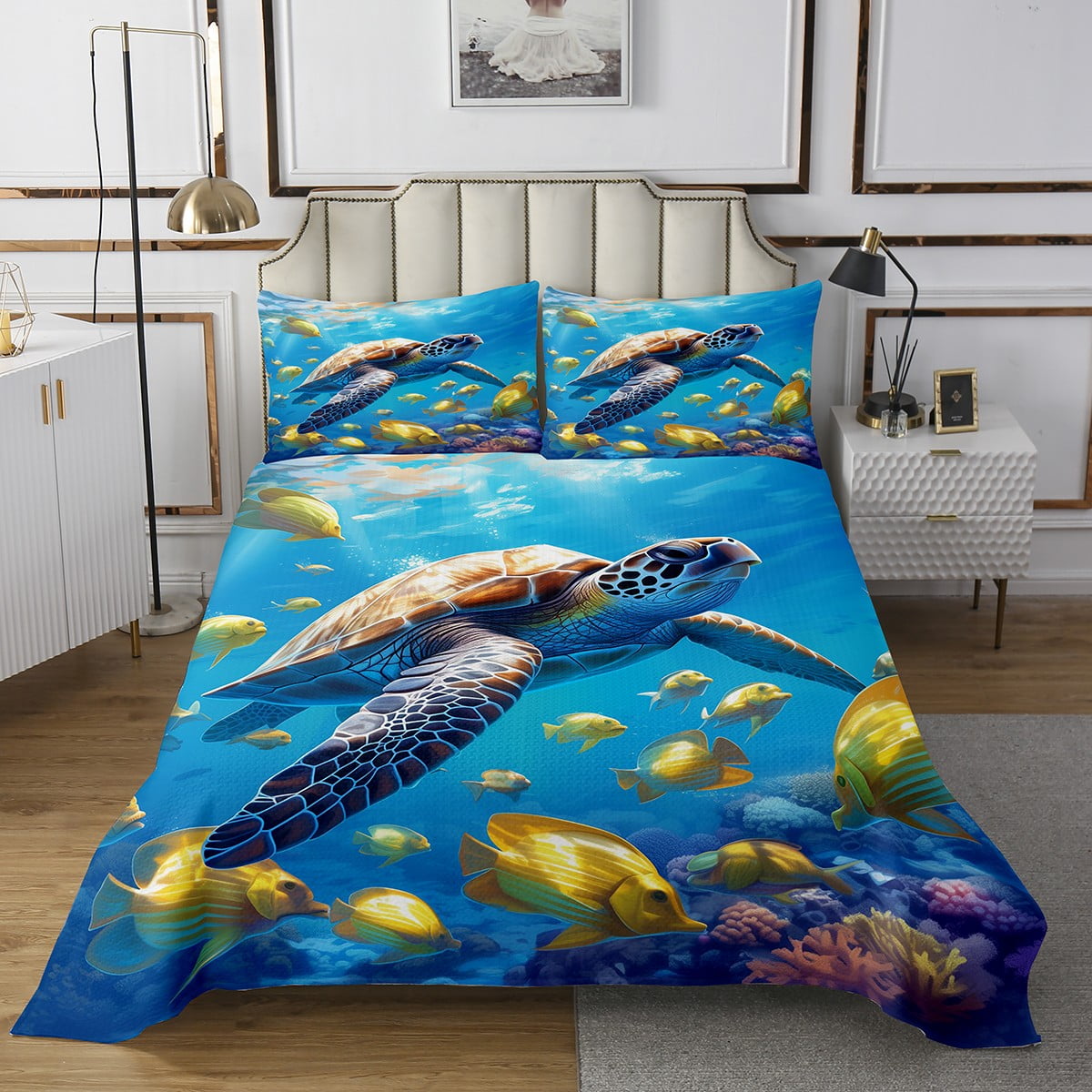 Quilt Set Queen Size, Sea Turtle Coverlet Set Ocean Marine Theme ...