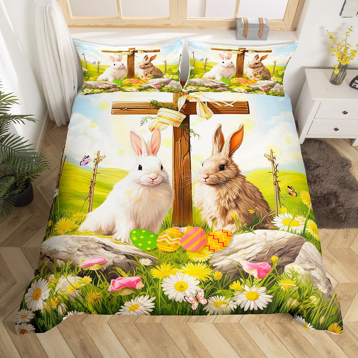 YST Rabbit Bedding Set 3 Piece Cute Rabbit Duvet Cover Full Size Easter ...