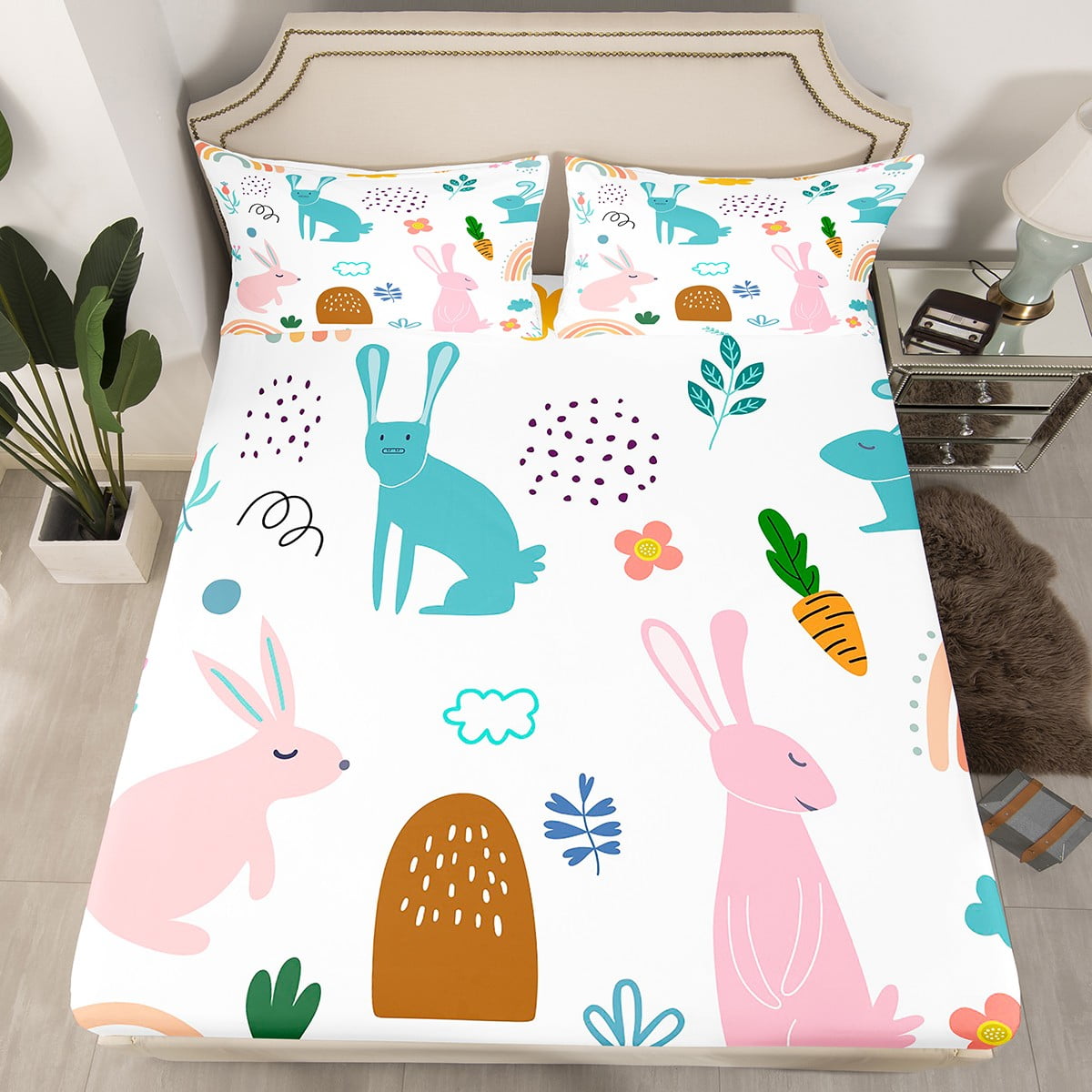 Rabbit Bedding Set Cute Rabbit Bed Sheets Twin Bunny Floral Colorful ...
