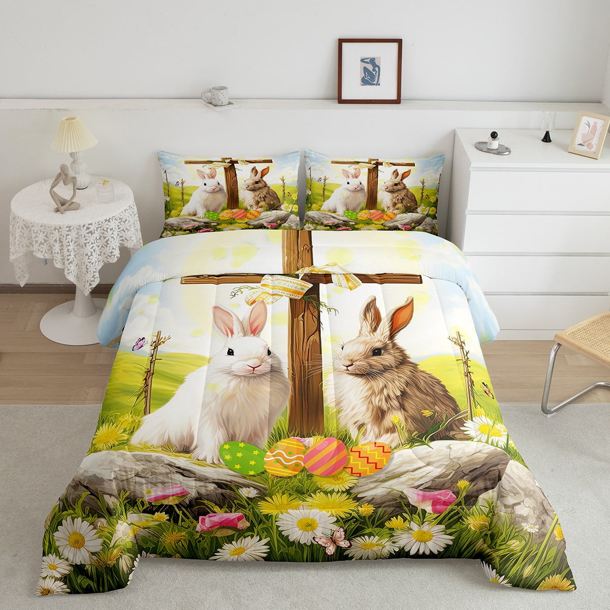 YST Rabbit Comforter Set 3 Piece Cute Rabbit Bedding Queen Size Easter ...