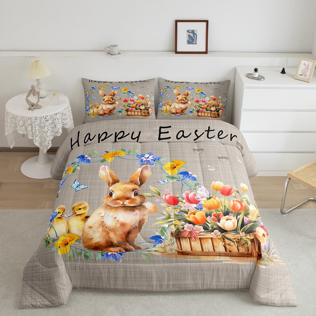 YST Rabbit Comforter Set For Girls, Happy Easter Bunny Quilt Twin ...
