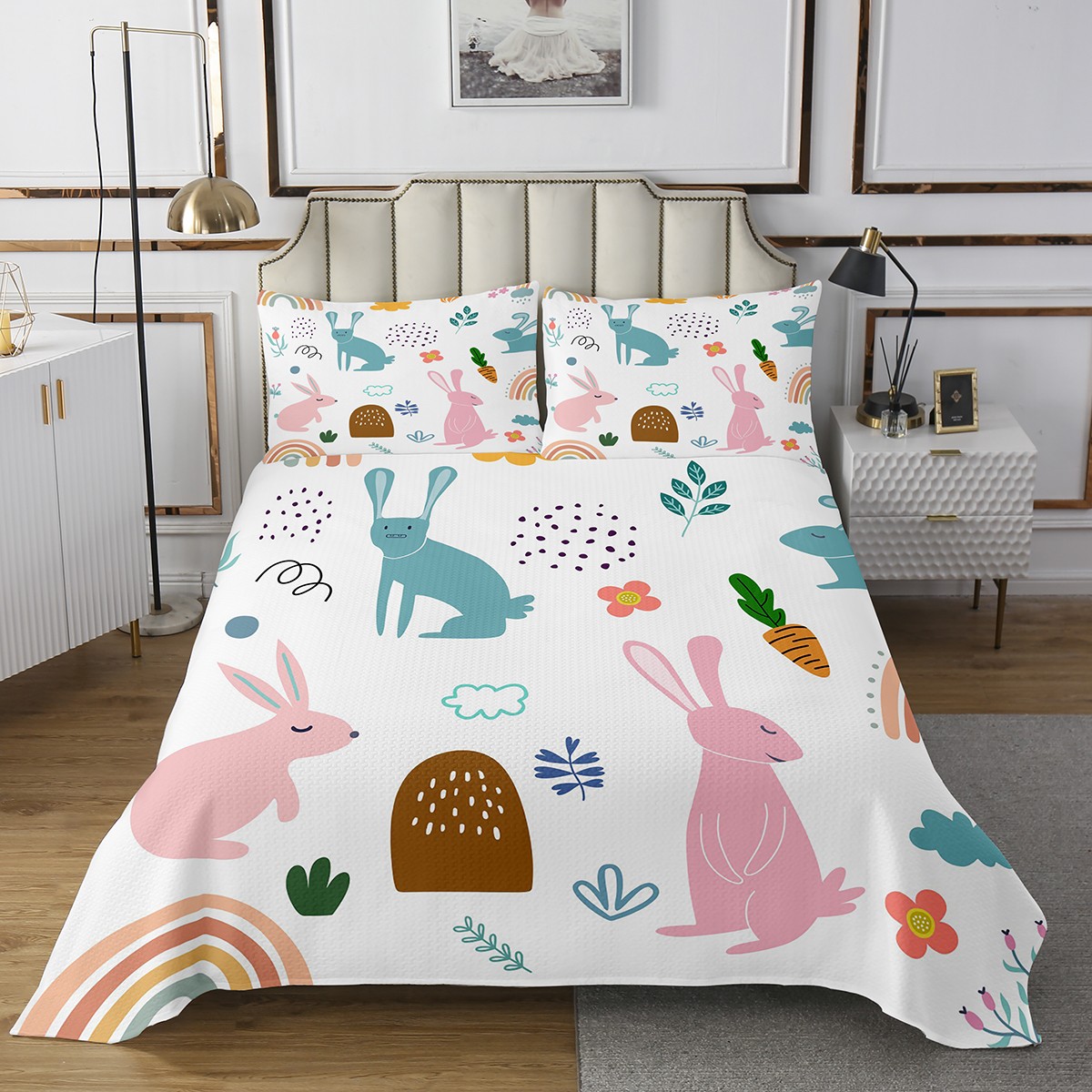 YST Rabbit Coverlet Set Cute Rabbit Bedspread Set King for Kids Bunny ...
