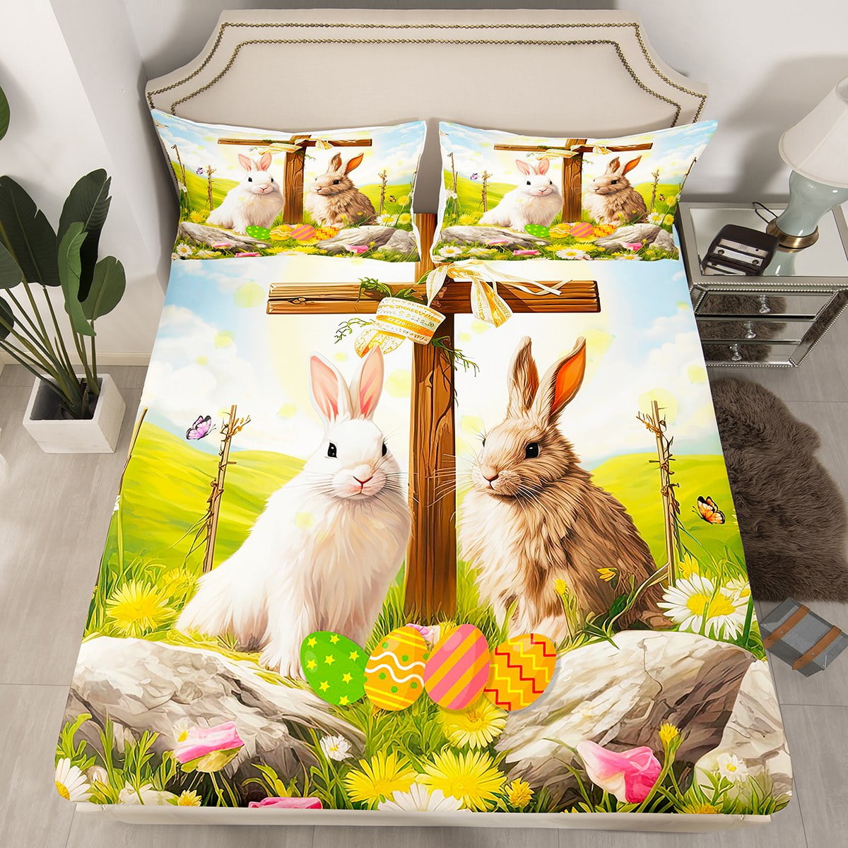YST Rabbit Fitted Sheet 3 Piece Cute Rabbit Bed Sheets Queen Size ...