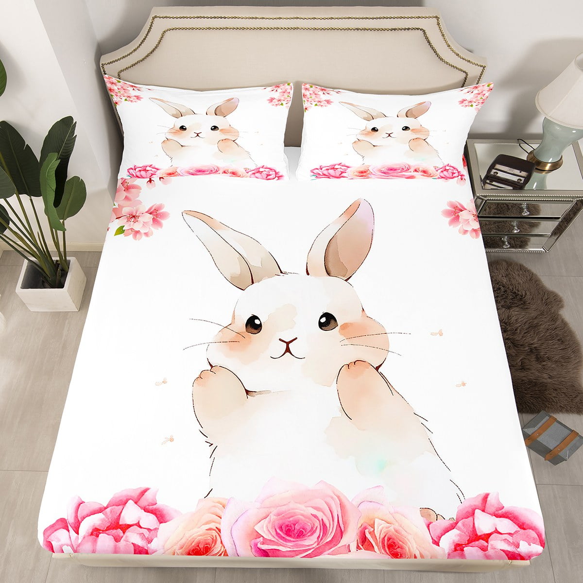 Erosebridal Rabbit Kawaii Bed Sheets Cartoon Bunny Bedding Set Teens ...