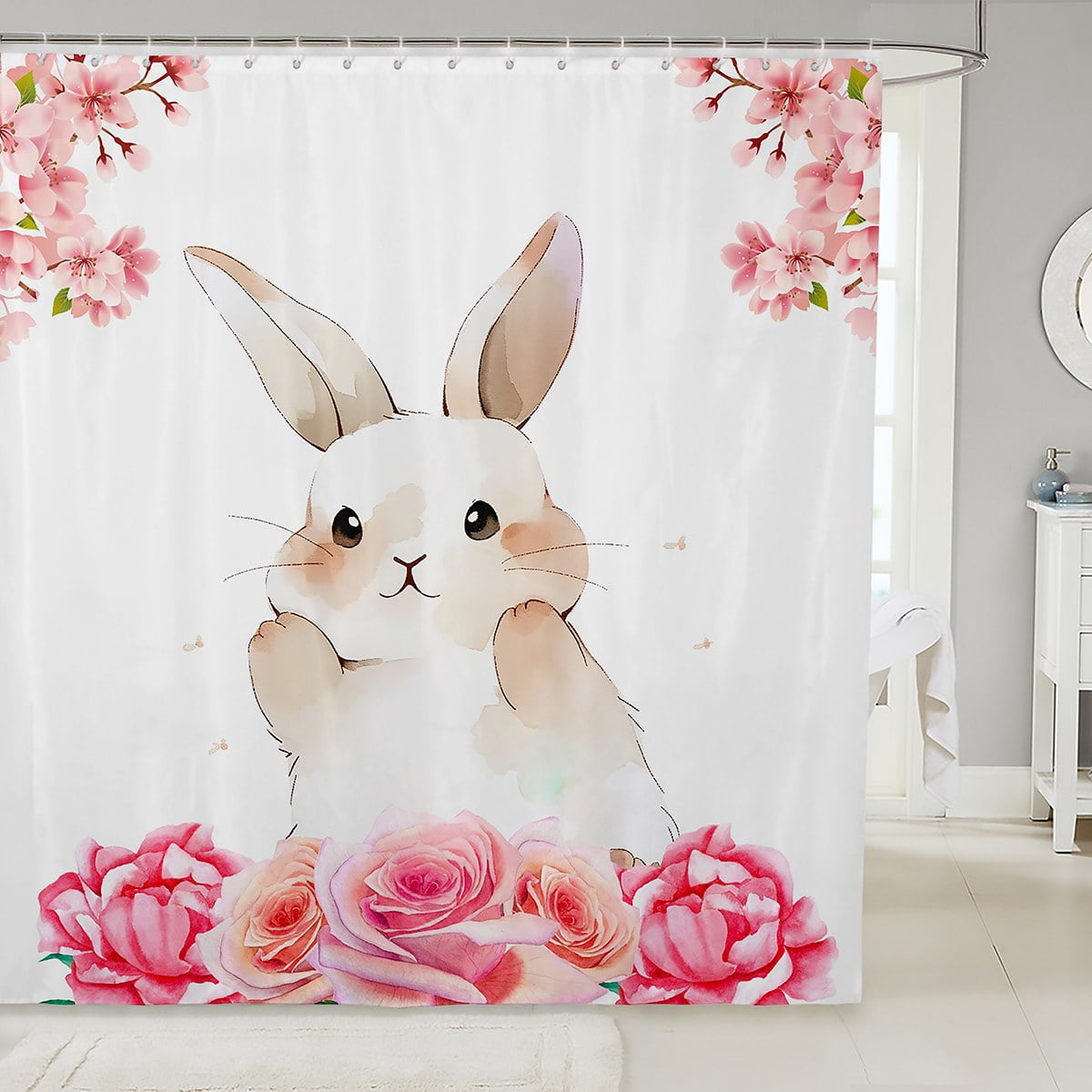 Rabbit Kawaii Shower Curtain Cartoon Bunny Bathroom Shower Curtain Sets ...