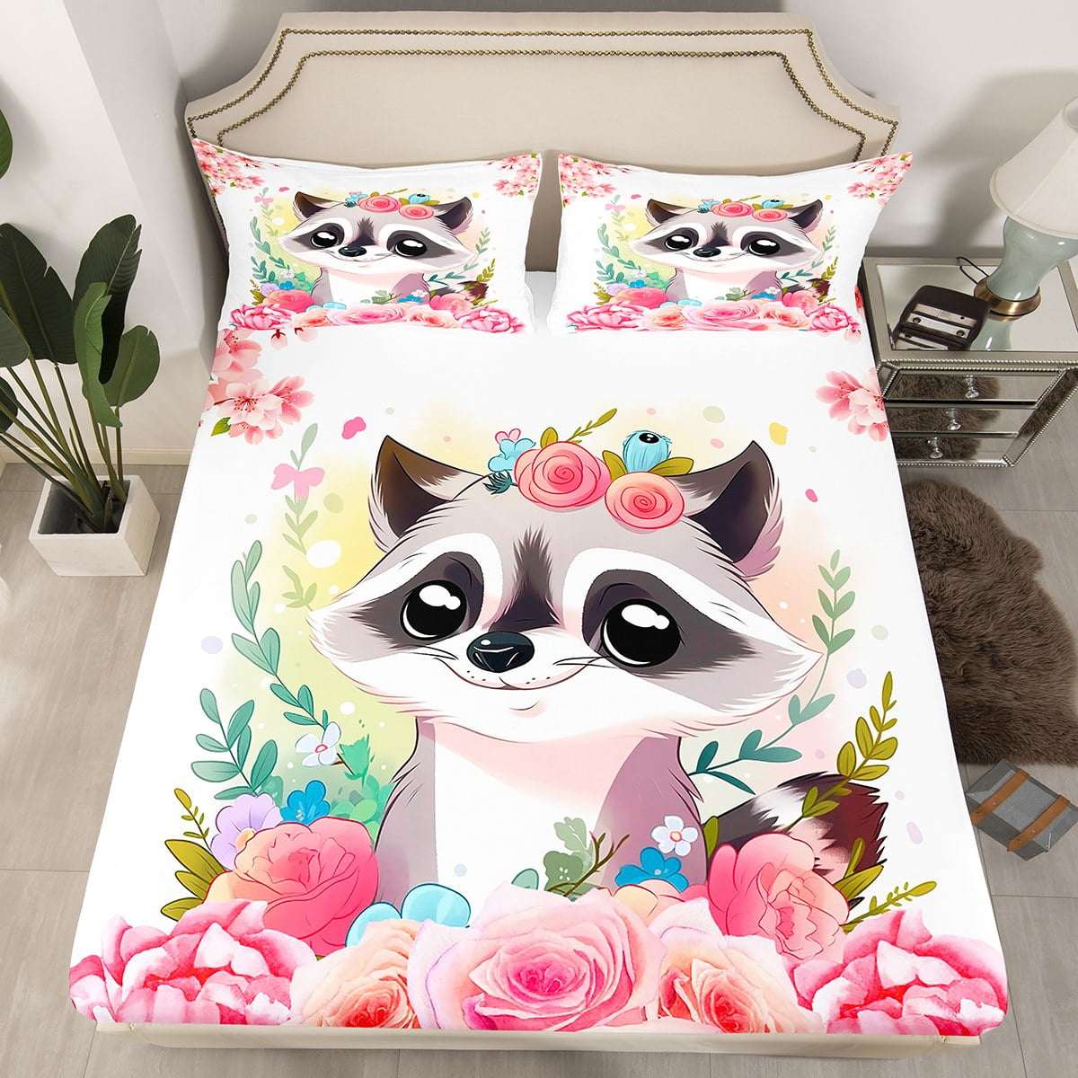 Raccoon Bed Set Cute Lovely Animal Print Fitted Sheet Cartoon Wild ...