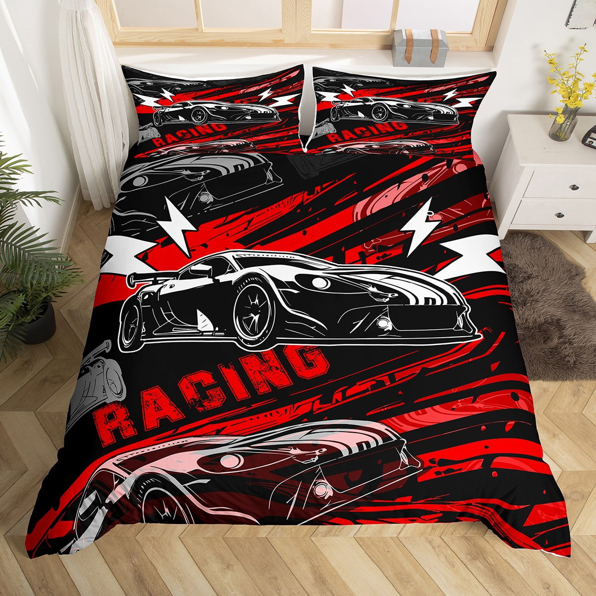 Erosebridal Race Car Bedding Set Black Red Racing Car Duvet Cover Full ...