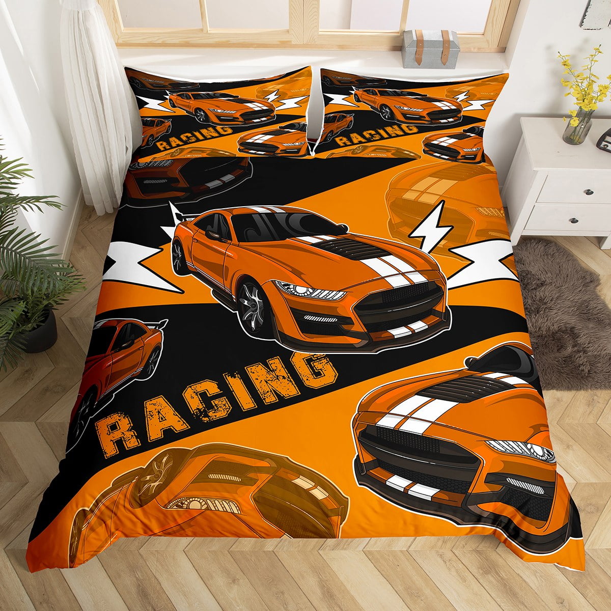 YST Race Car Bedding Set for Boys Man Kids Black Orange Racing Car ...