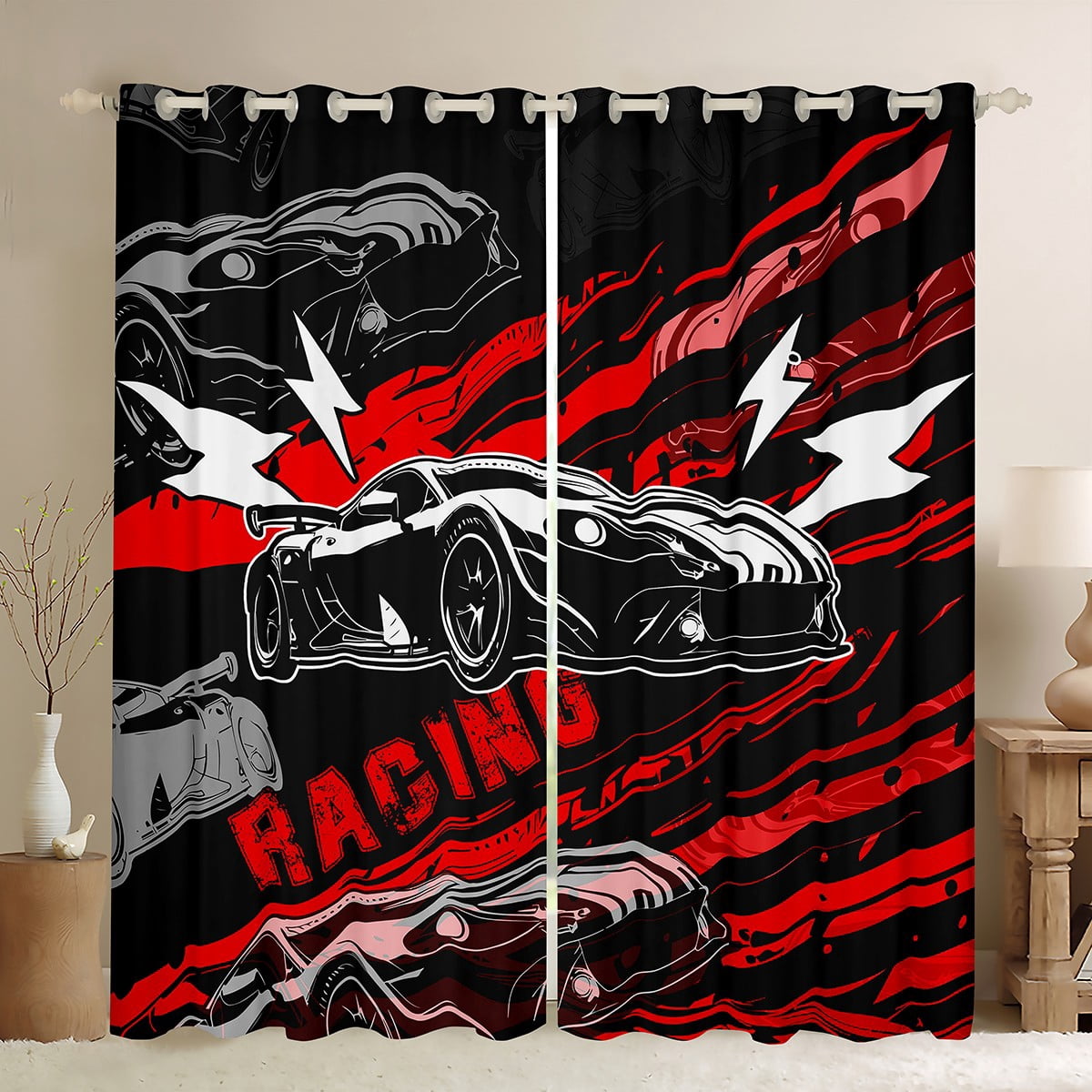 YST Race Car Blackout Curtains for Boys Man Kids Black Red Racing Car ...