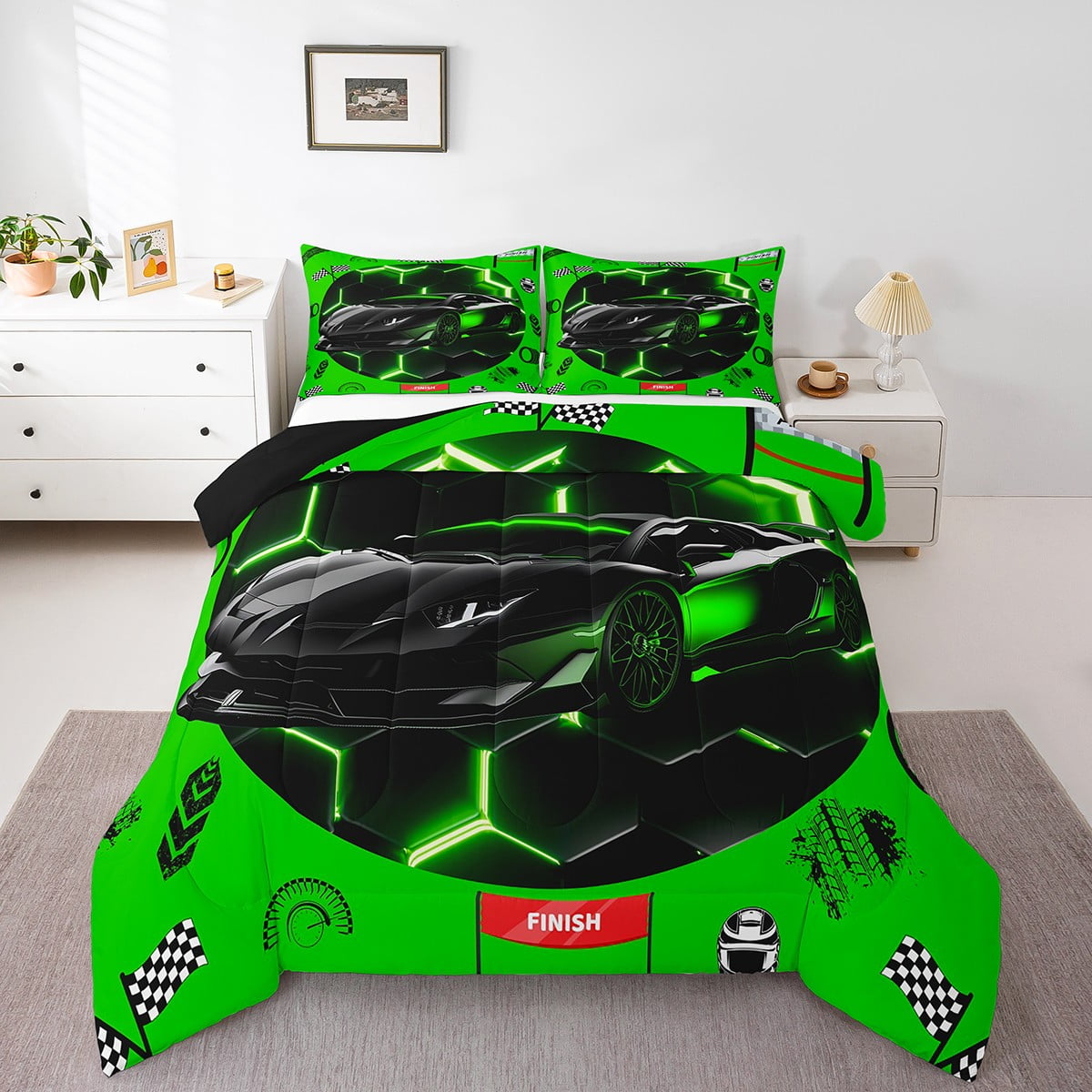 Erosebridal Race Car Twin Bedding Sets Racing Gaming Comforter Set Lime ...