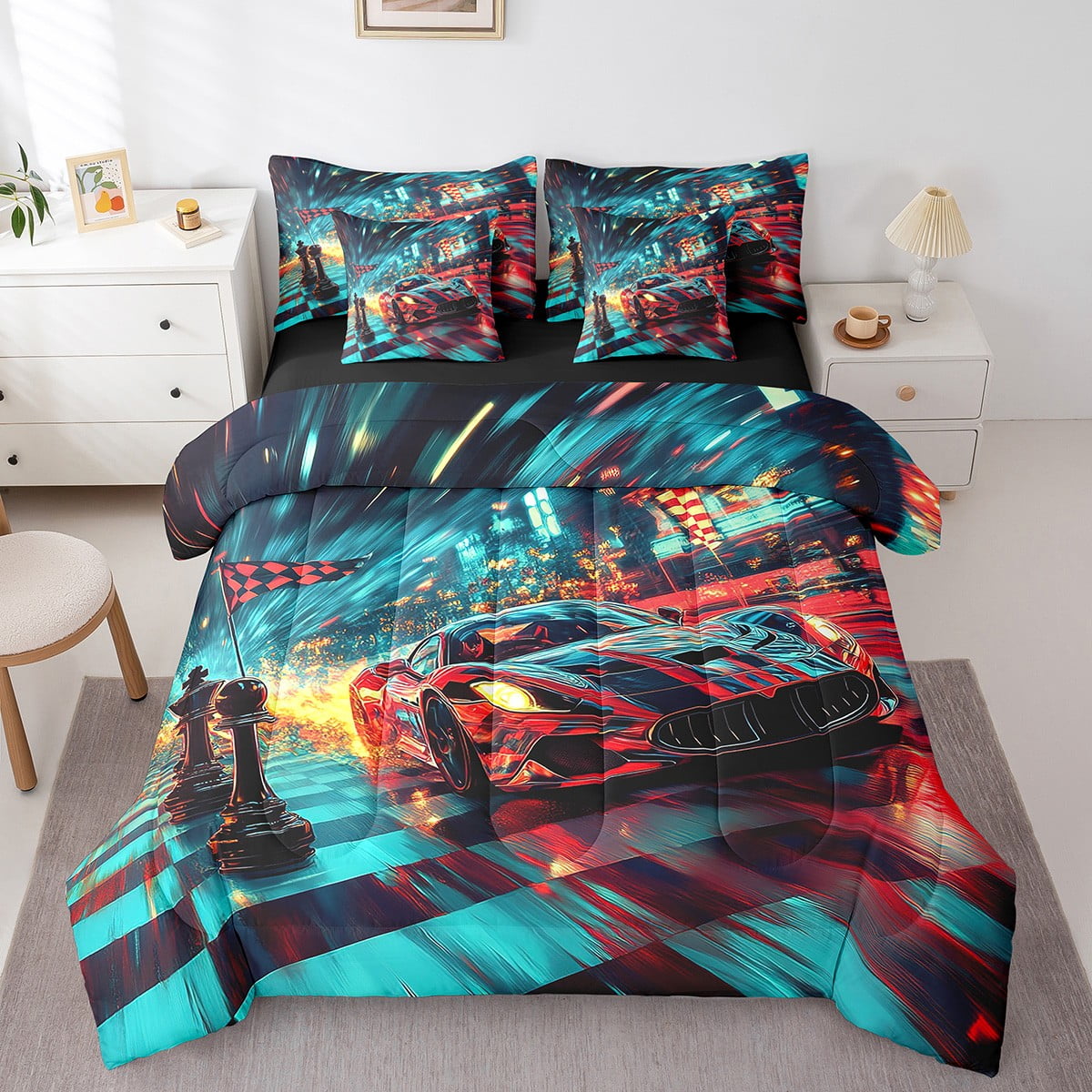 YST Race Car Kids Full Bedding Set Sports Car Comforter Set With Sheets ...