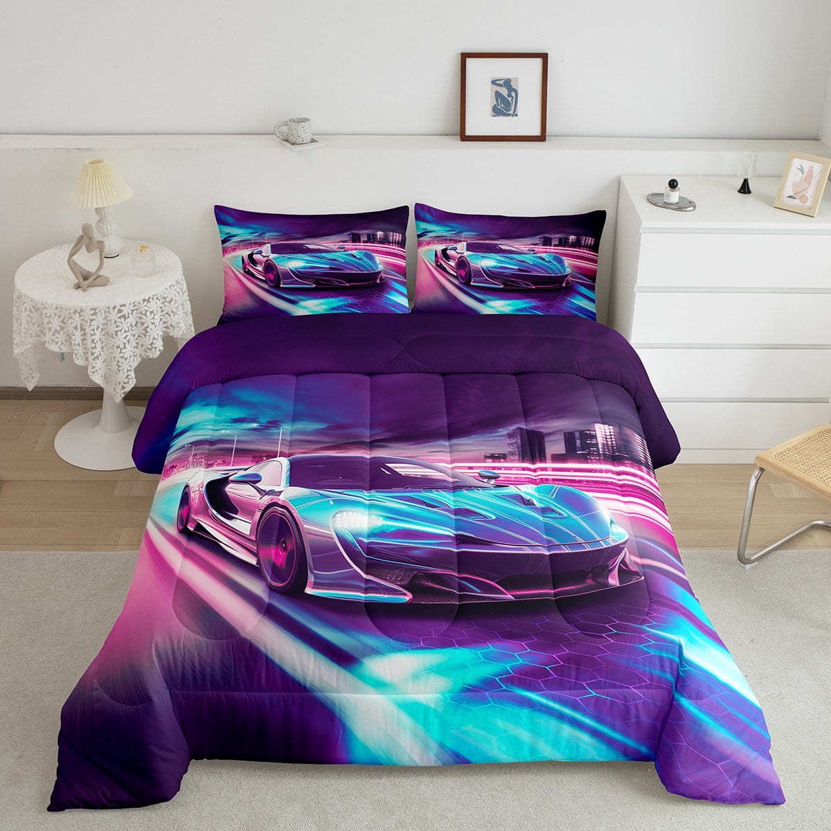 YST Race Car King Bed Comforter Set Puple Sports Car Bedding Extreme ...