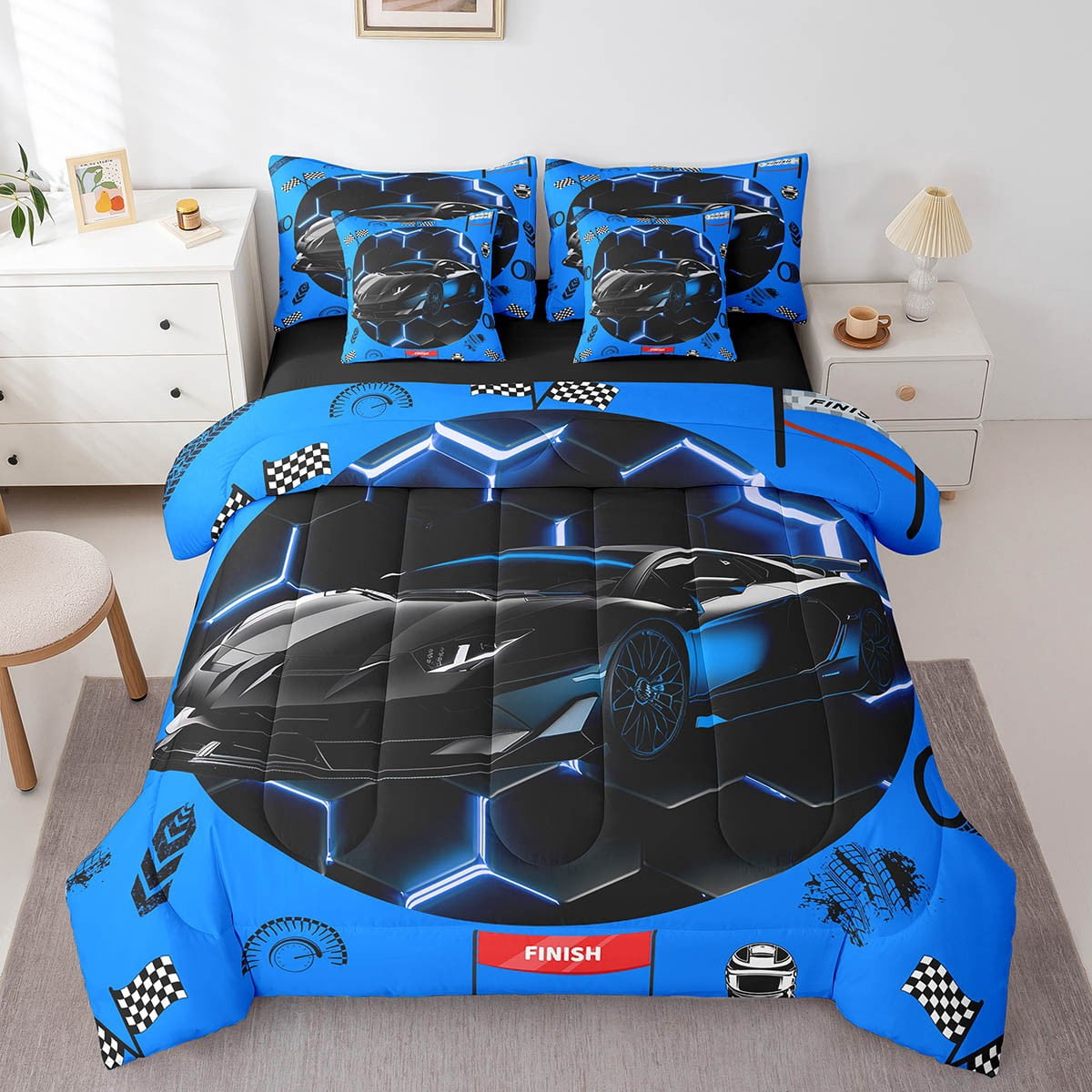 Race Car King Comforter Set With Sheets Blue Sports Car Bed In A Bag 7 ...
