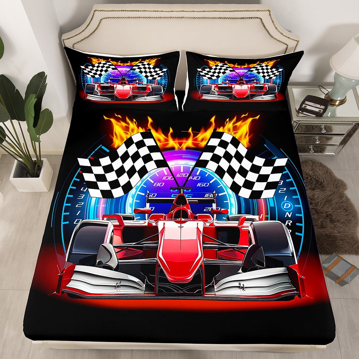 Race Car Queen Fitted Sheet Sports Car Print Bed Sheets For Teens ...