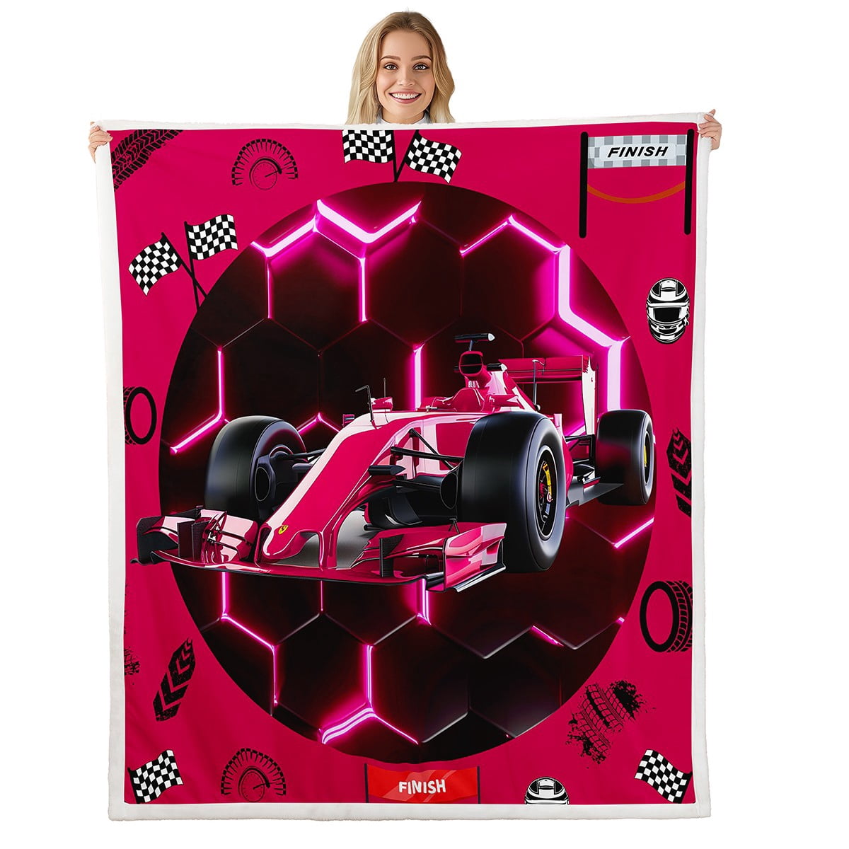 YST Race Car Throw Blanket 40"X50" Neon Hot Pink Black Honeycomb Fleece ...