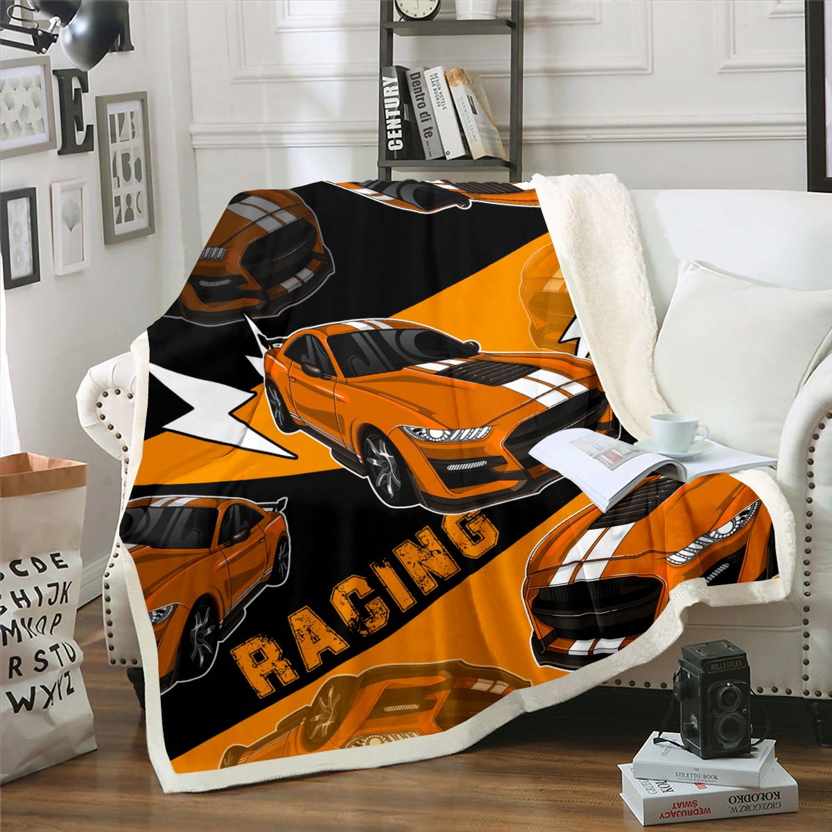 YST Race Car Throw Blanket for Boys Kids Black Orange Racing Car Blanket,Cool Sports Car Fleece ...