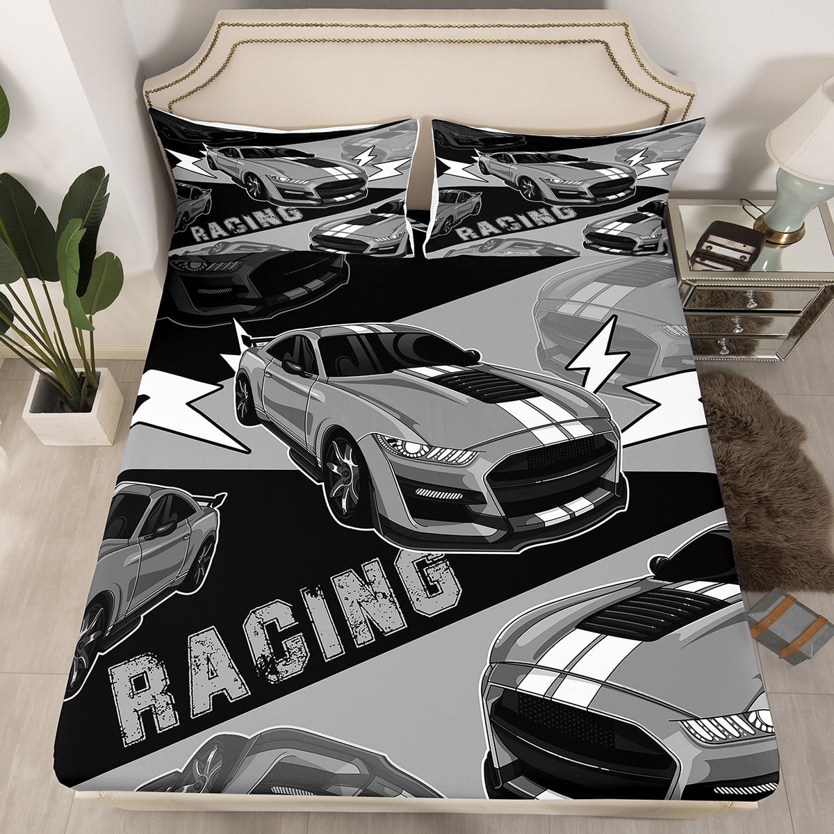 YST Race Car Twin Fitted Sheet for Boys Kids Black Grey Racing Car Bed ...