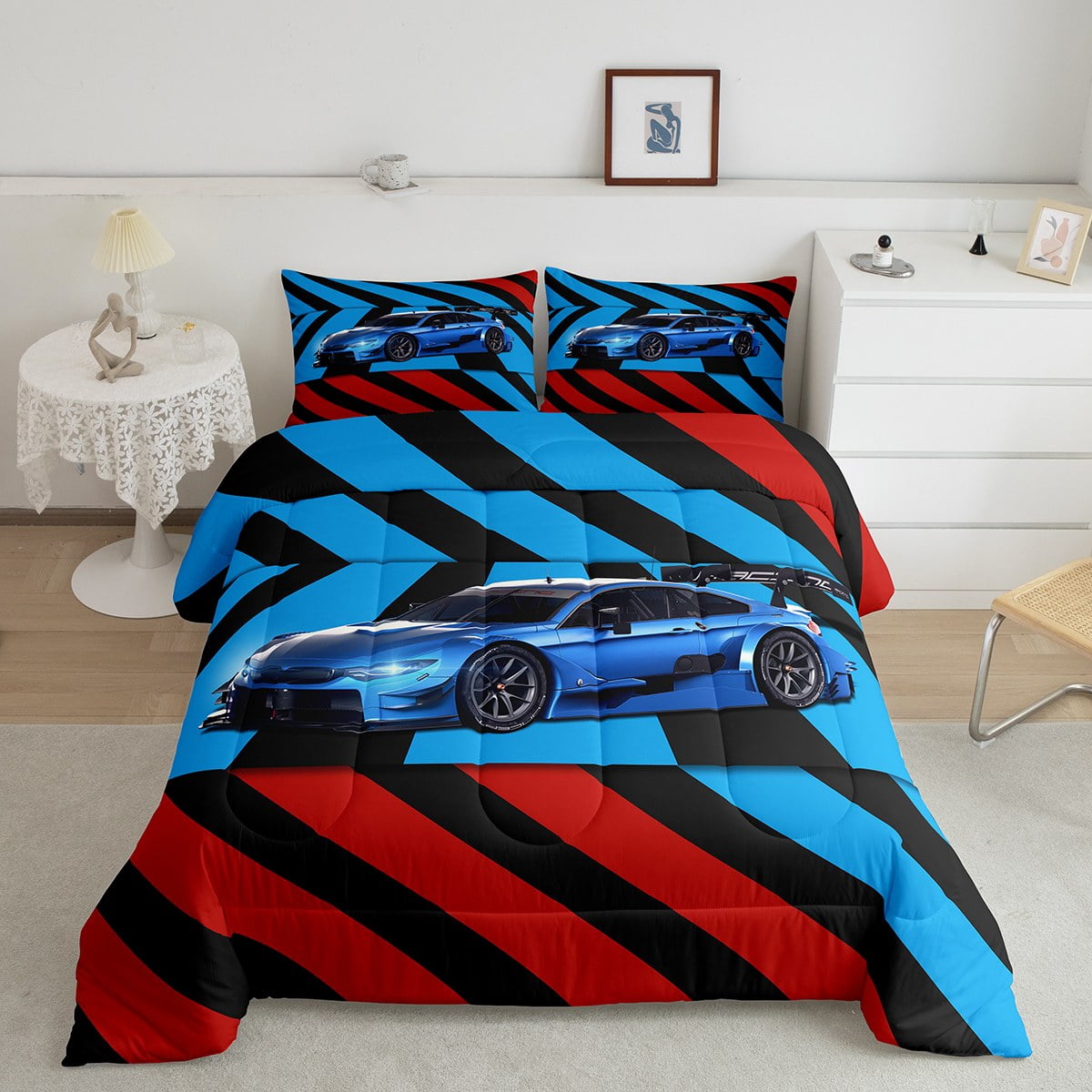 YST Racing Car Comforter Set Twin,Kids Blue And Red Race Track All ...