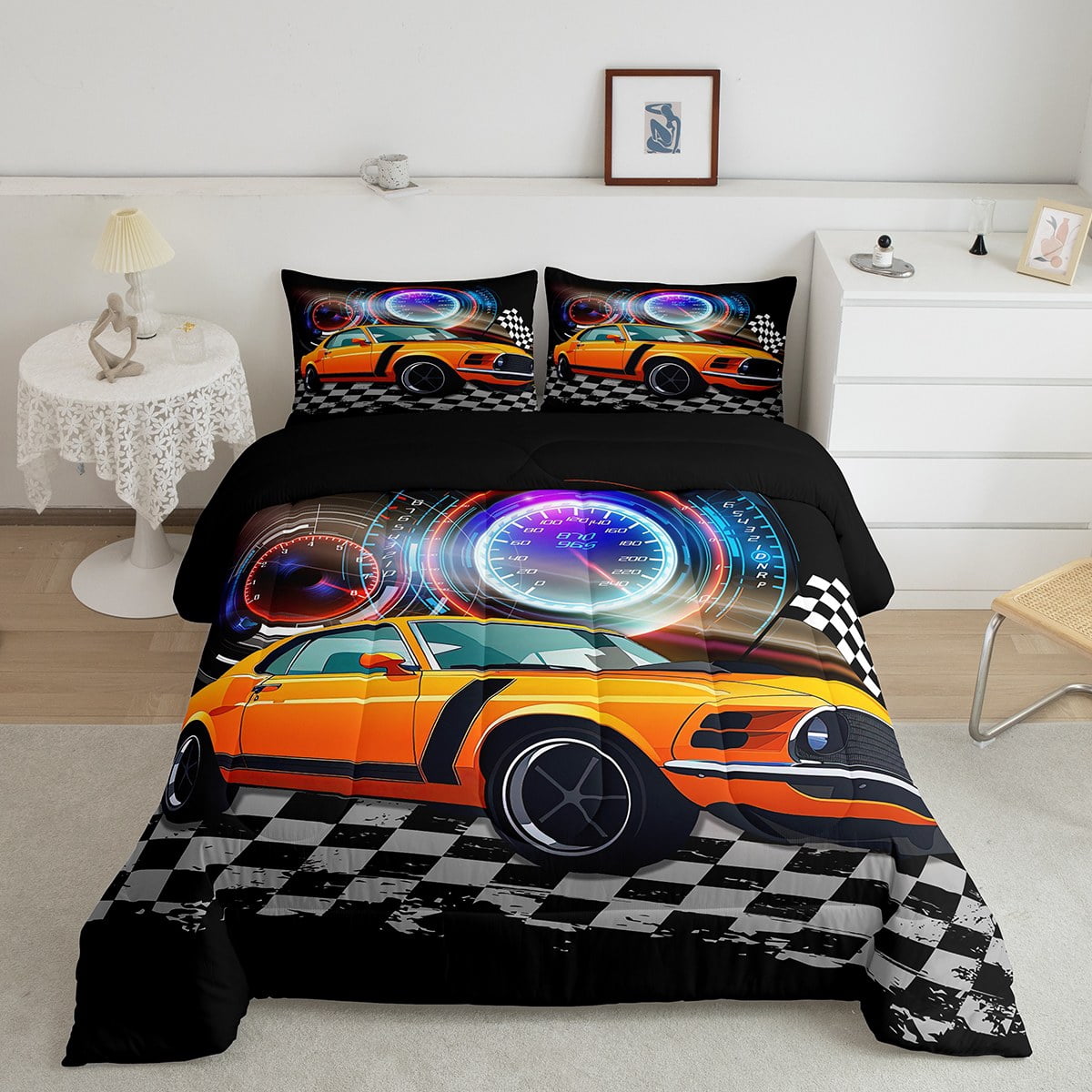 Racing Car Queen Comforter Set Retro Race Vehicle Bedding Sets,Black ...
