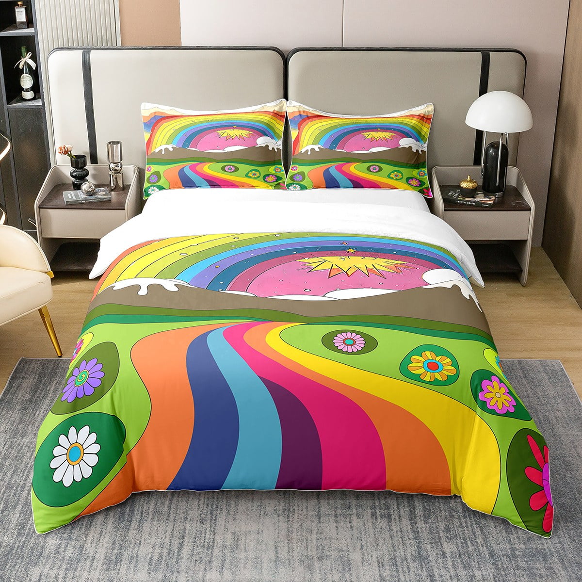 Erosebridal Rainbow 100 percent Cotton Duvet Cover,Groovy Style Flower ...