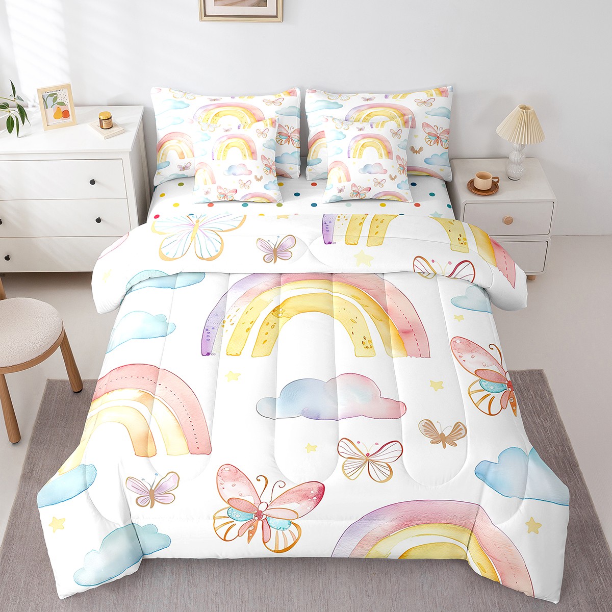 Rainbow 7 Pcs Comforter Set Full Bed in a Bag, Butterfly Bedding Sets ...
