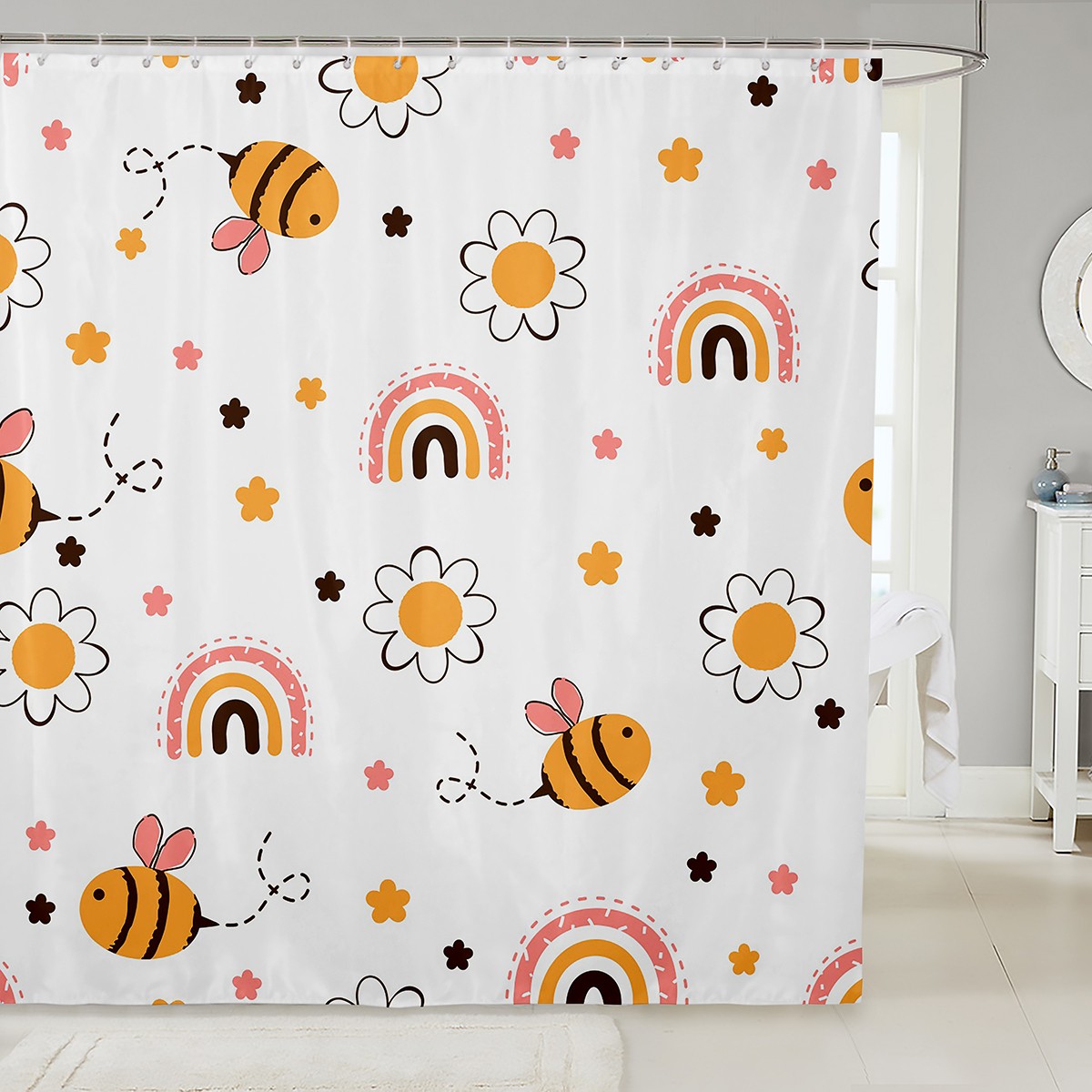 YST Rainbow Bathroom Decor Kawaii Room Decor,Cute Honeybee Bath Curtain Garden Flowers Bathroom ...