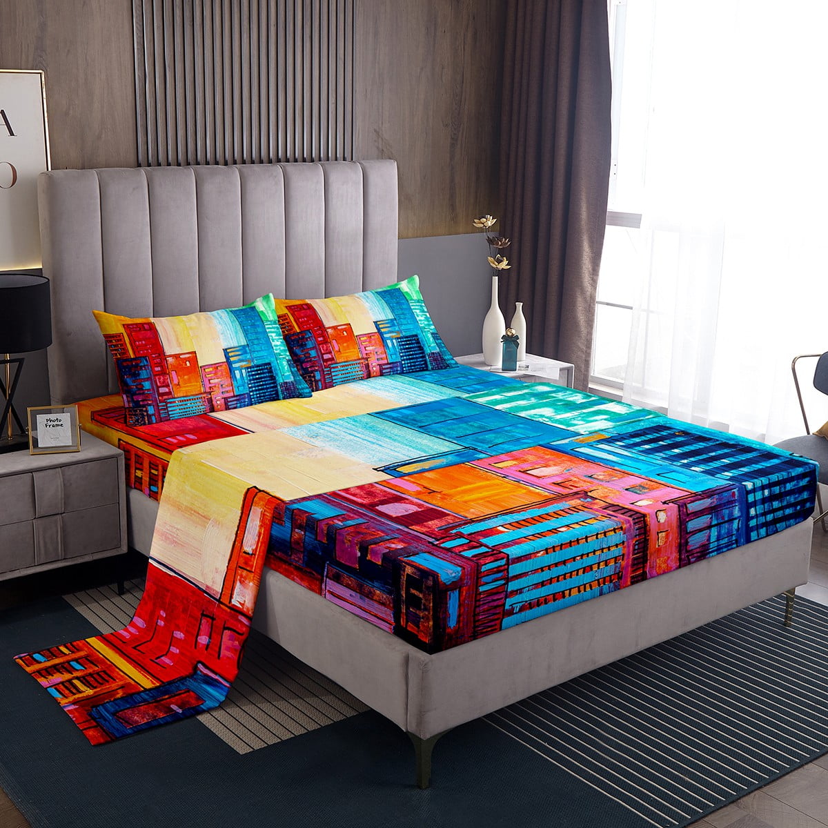 YST Rainbow Bed Set Colorful Watercolor Bed Sheets Set, Pink Navy Blue ...