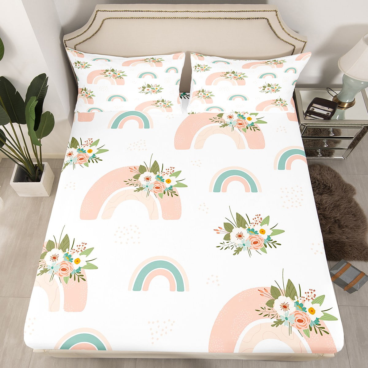 Erosebridal Rainbow Bed Sheets Boho Bedding Set Floral Rainbow Cartoon ...