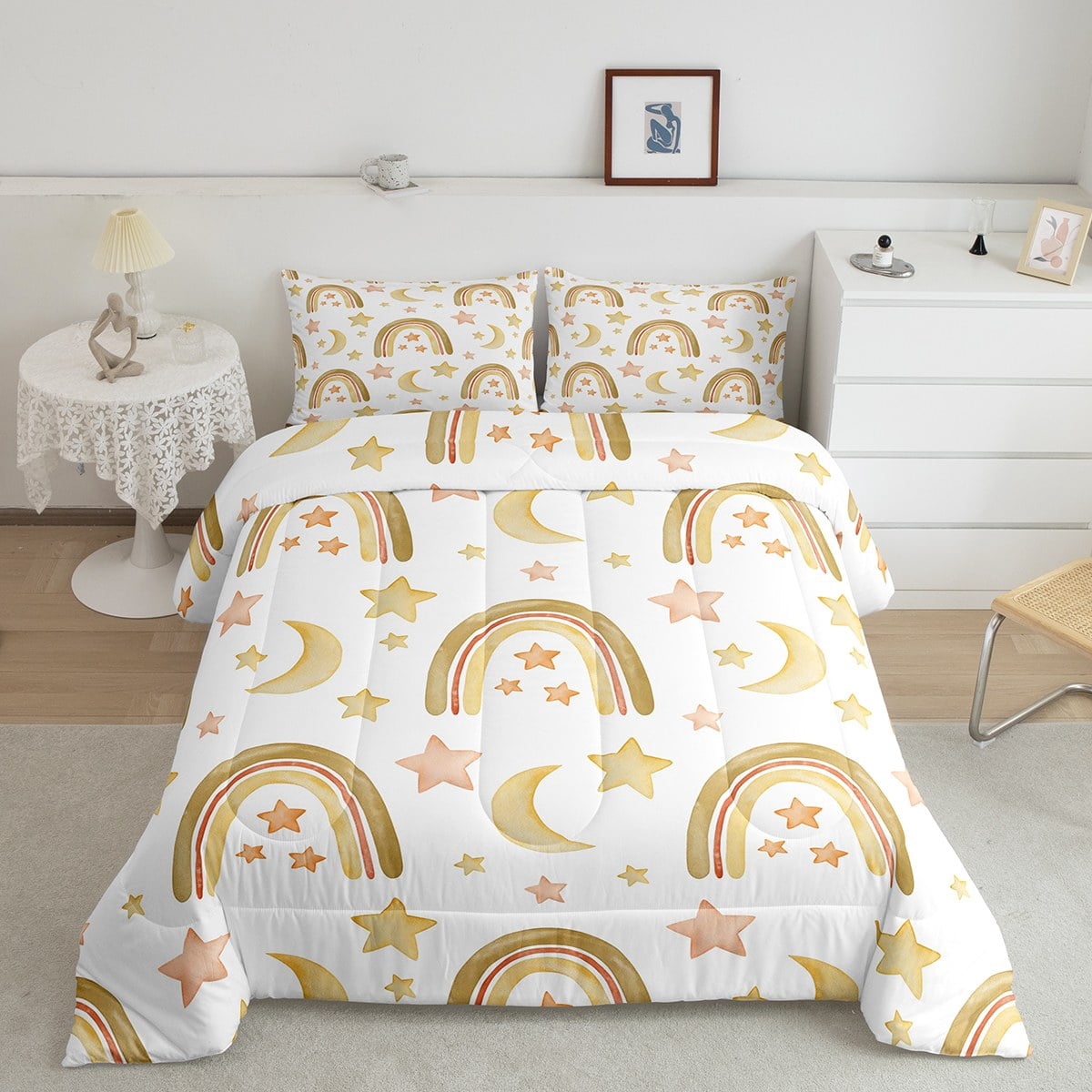 YST Rainbow Bedding Gold Moon and Stars Rainbow Print Bedding Comforter ...