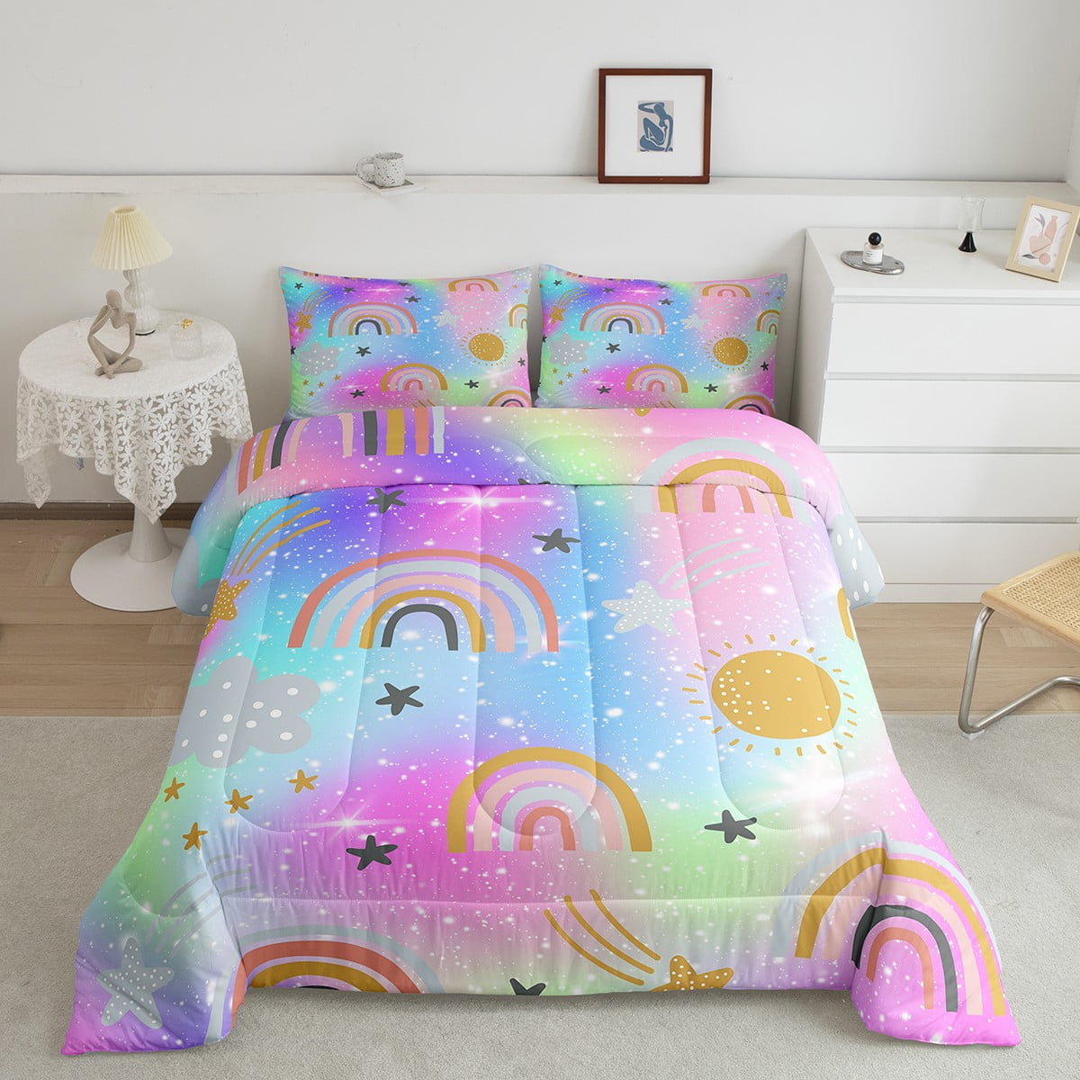 Rainbow Bedding Set King Size, Glitter Ombre Comforter Set Women ...