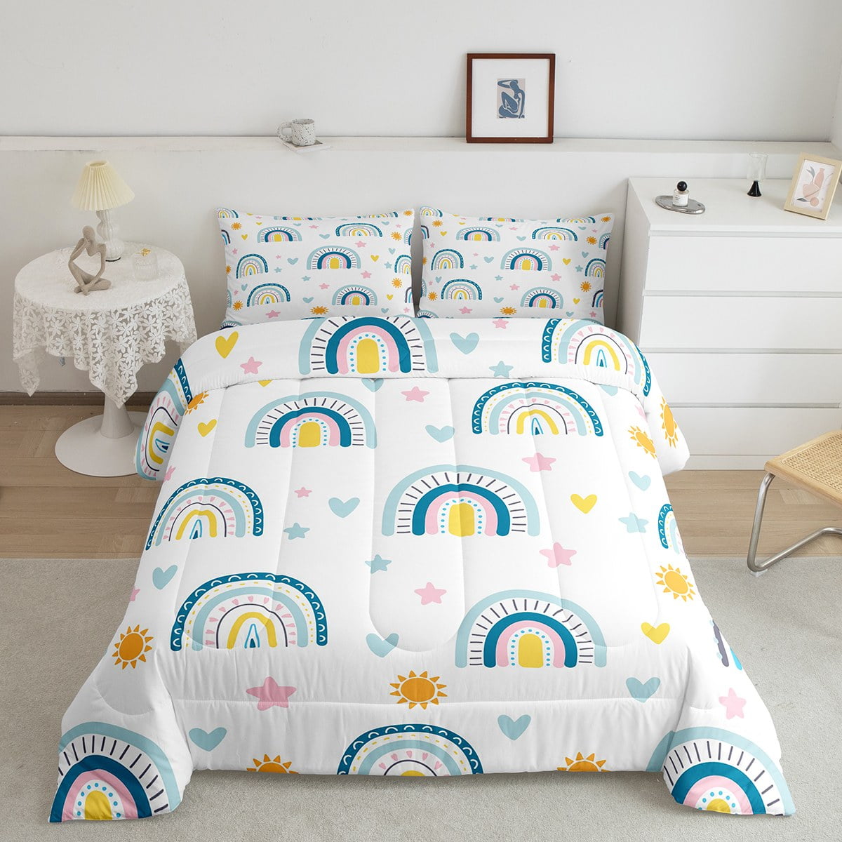 YST Rainbow Bedding Sets For Girls, Love Heart Kawaii Comforter Set ...