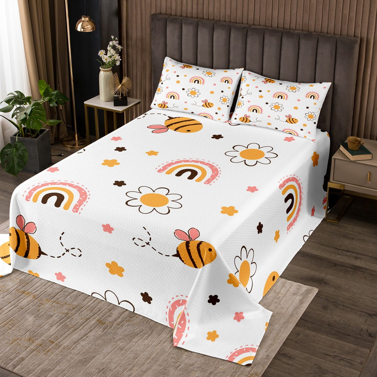 YST Rainbow Bedspread Set Kawaii Room Decor,Cute Honeybee Coverlet Set Garden Flowers Quilt Set ...