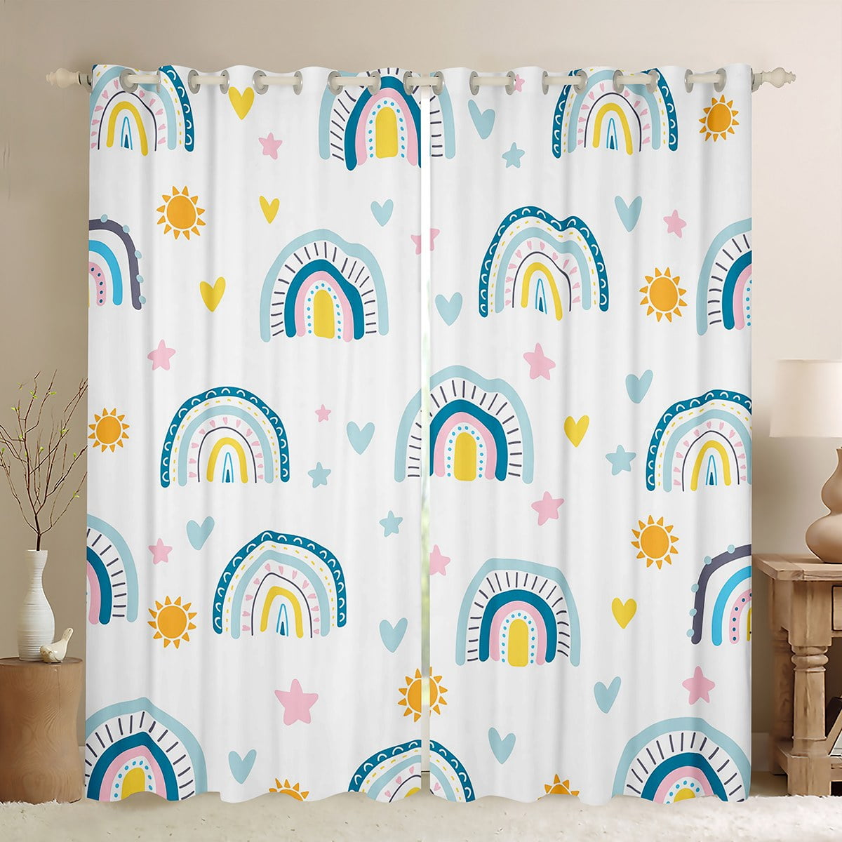 Rainbow 30%-50% Blackout Curtains , Love Heart Kawaii Curtains Sun And ...