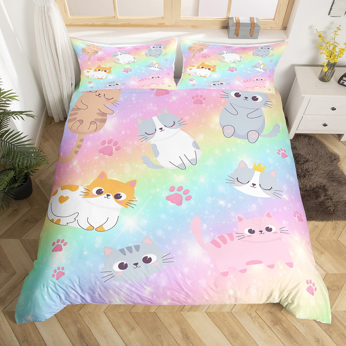 YST Rainbow Cat King Bedding Sets For Girls,Kids Cute Cats Comforter ...